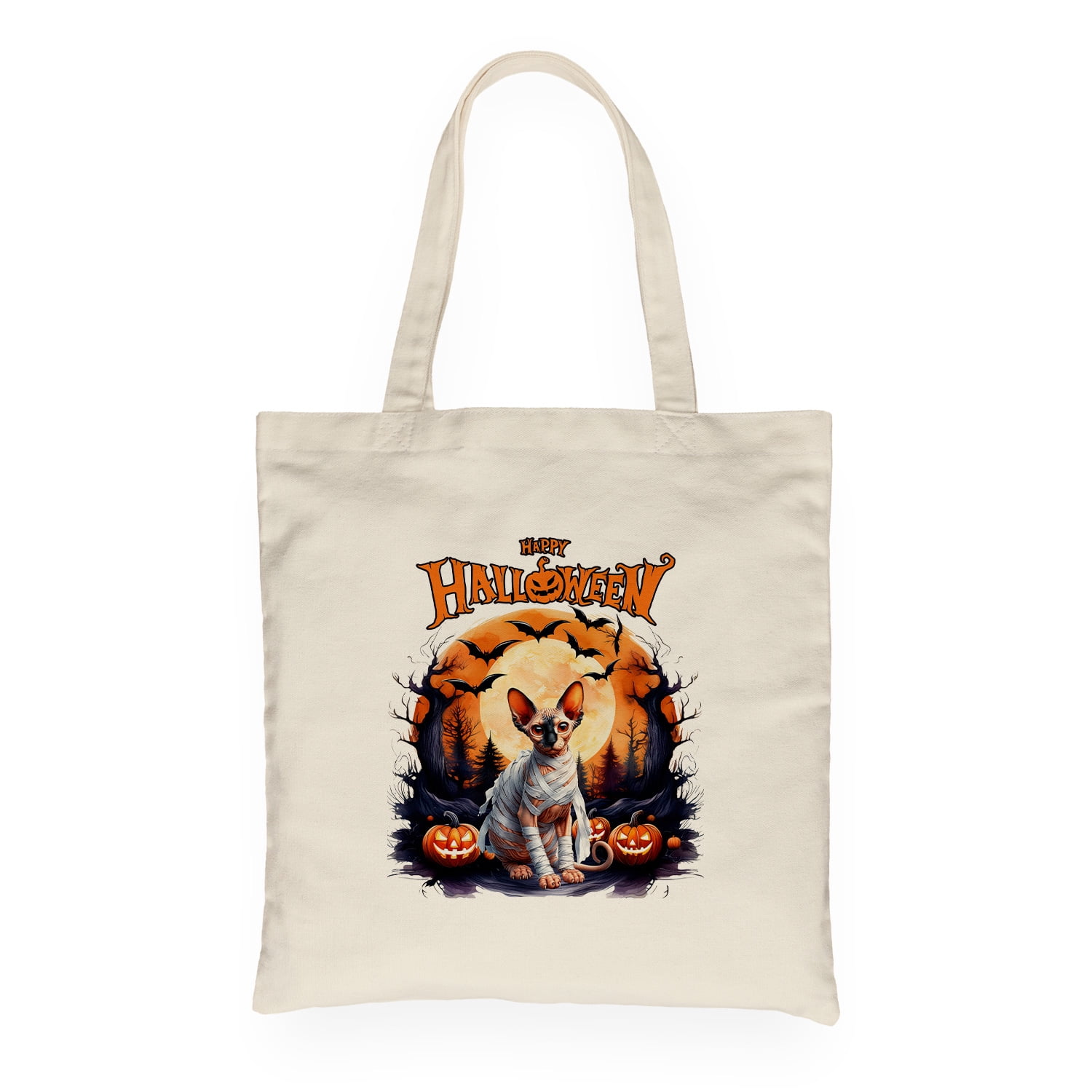 Mummy Sphynx Happy Halloween with Pumpkins Bats Spooky Fun Canvas Tote ...