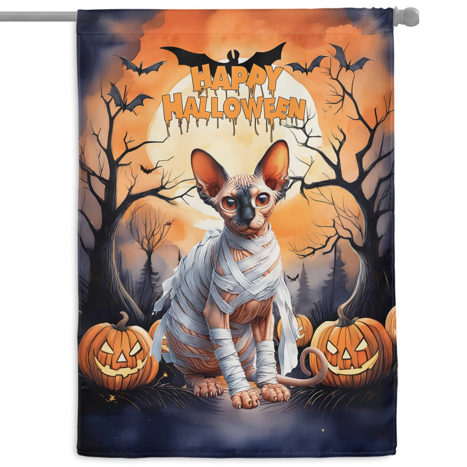Mummy Sphynx Happy Halloween with Pumpkins Bats Spooky Fun House Flag ...