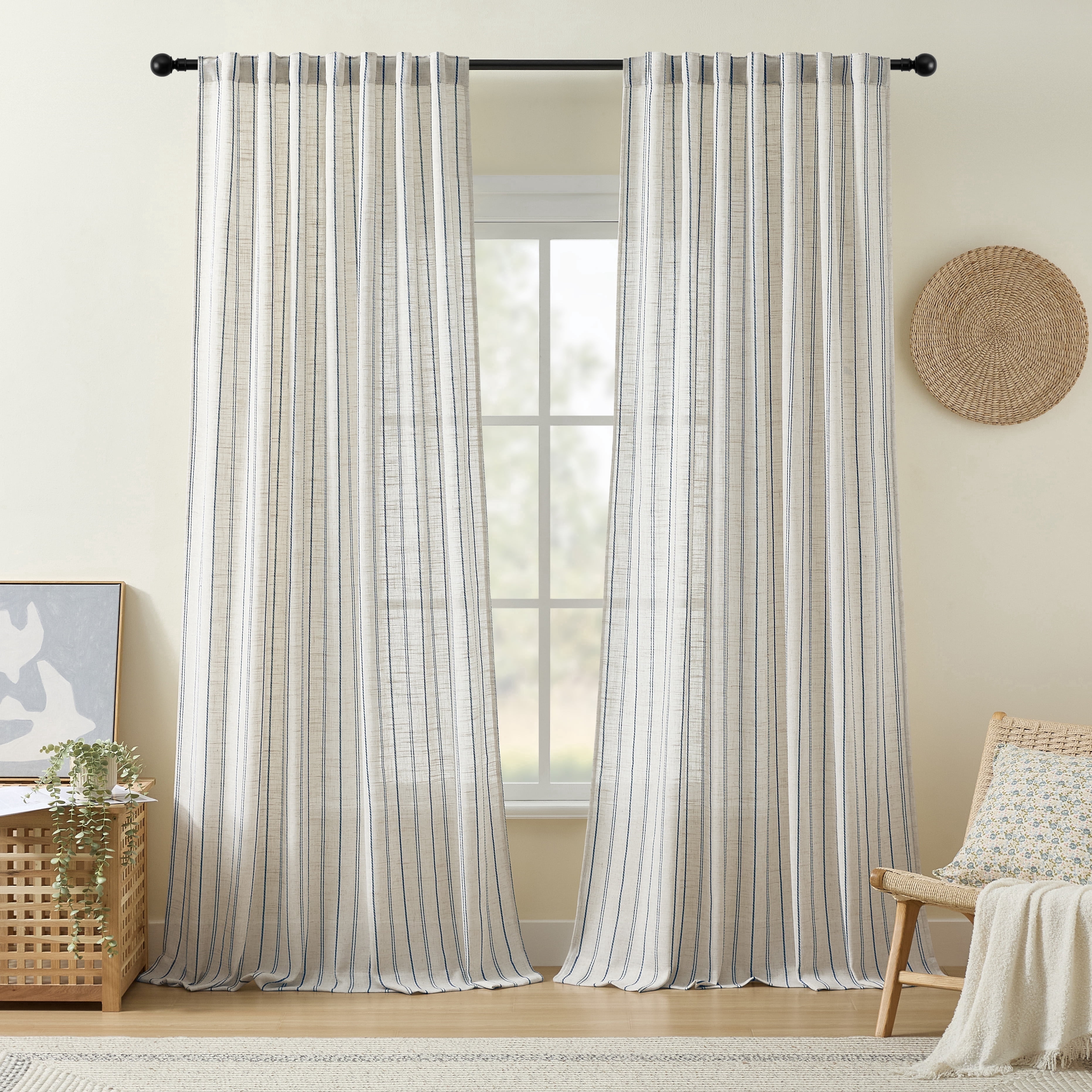 Muuphra Farmhouse Striped Linen Blend Curtains for Living Room Semi ...