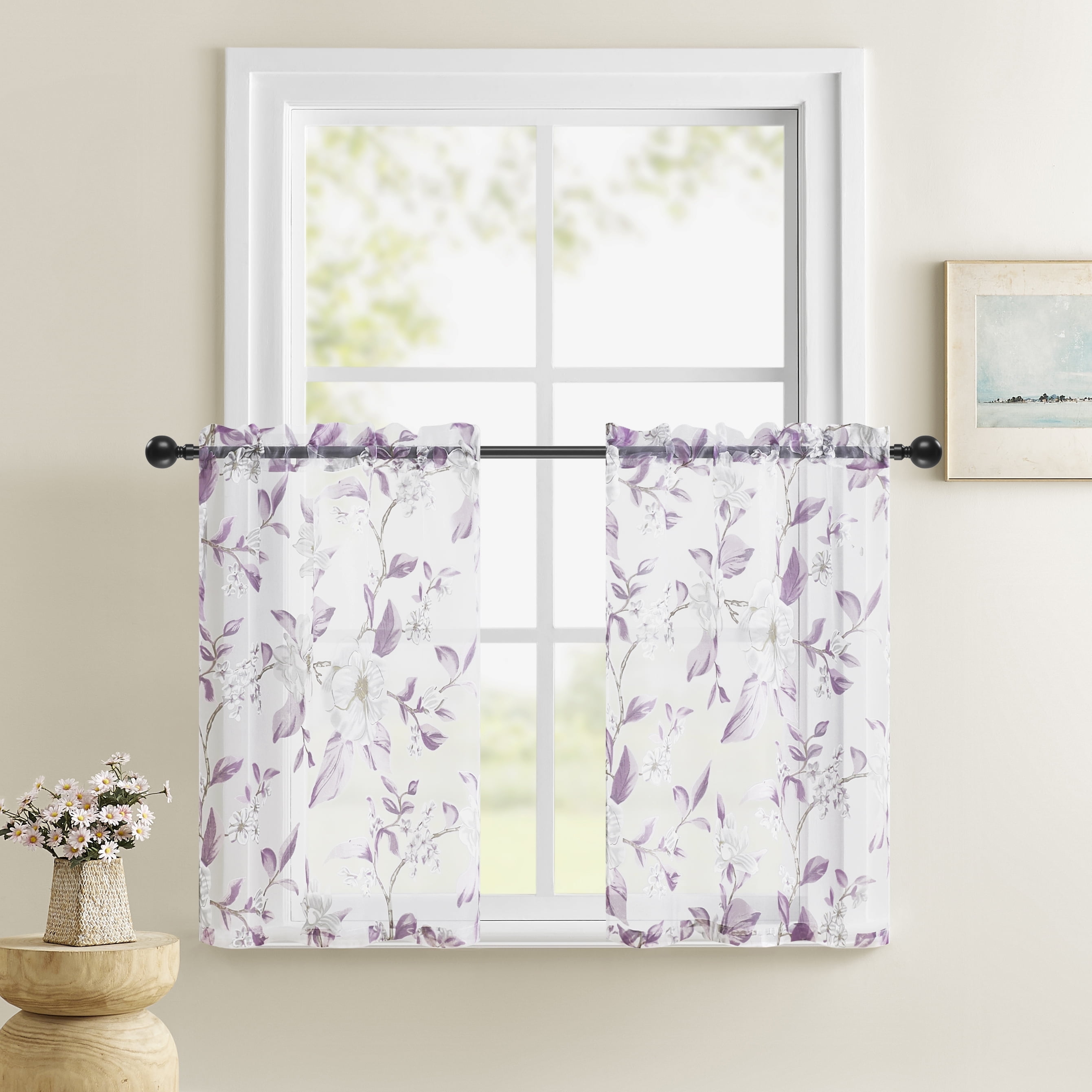 Mumo Light-Filtering Kitchen Curtains Purple&White Floral Rod Pocket ...