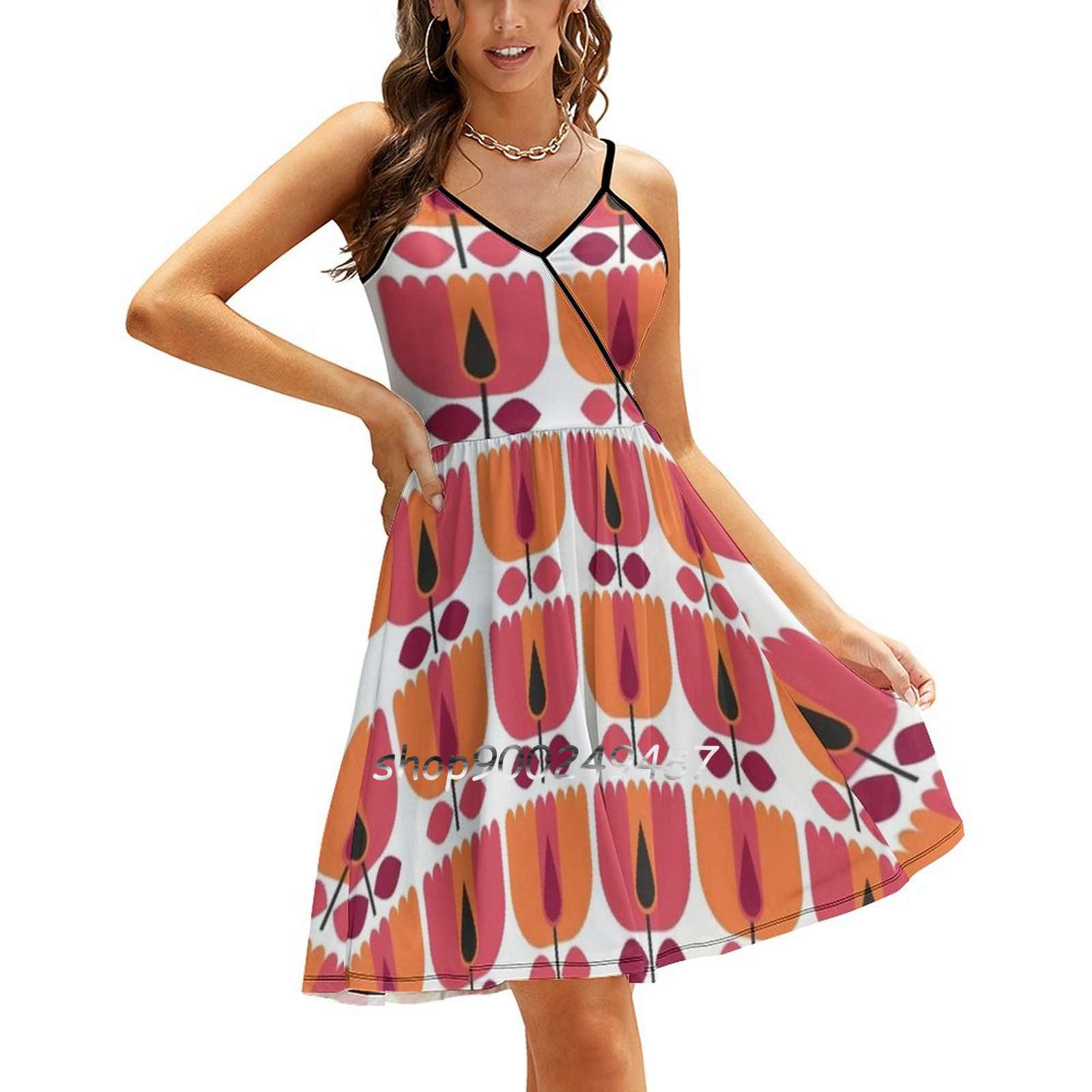 Mums Pink Flare Dress Square Neck Dress Elegant Female Fashion Printed ...