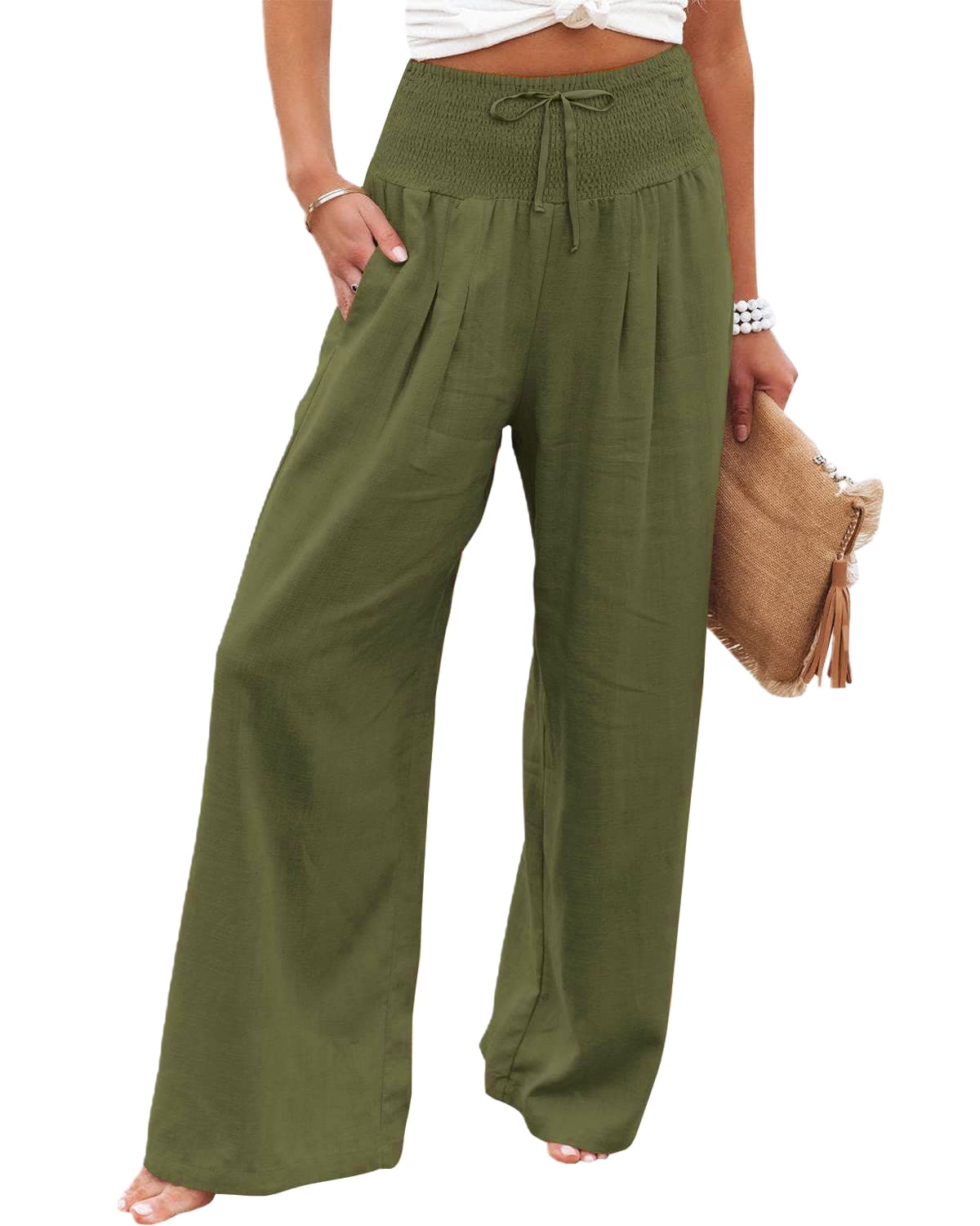 Mumubreal Women's High Waist Drawstring Wide Leg Linen Pants with ...