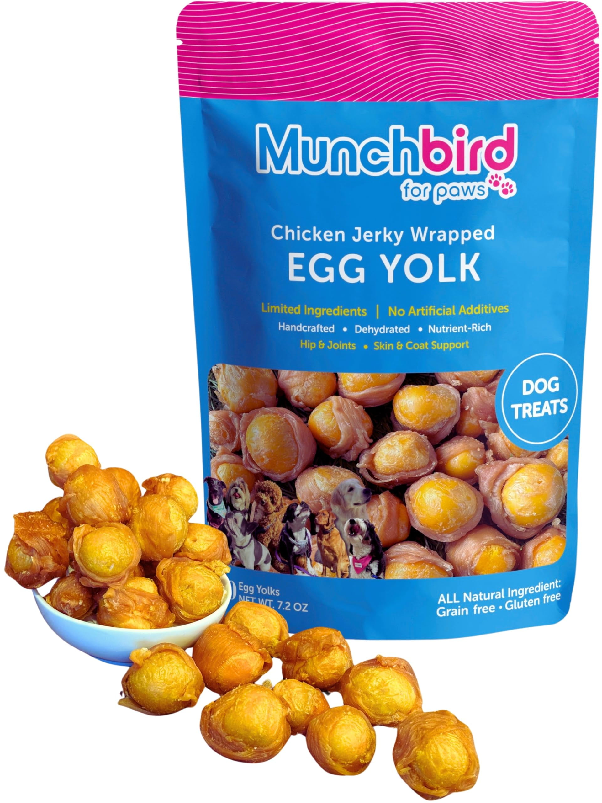 Munchbird Dehydrated Chicken Jerky MMF7 Wrapped Egg Yolk Dog Treats, 100% Egg Yolk, Food Topper ...