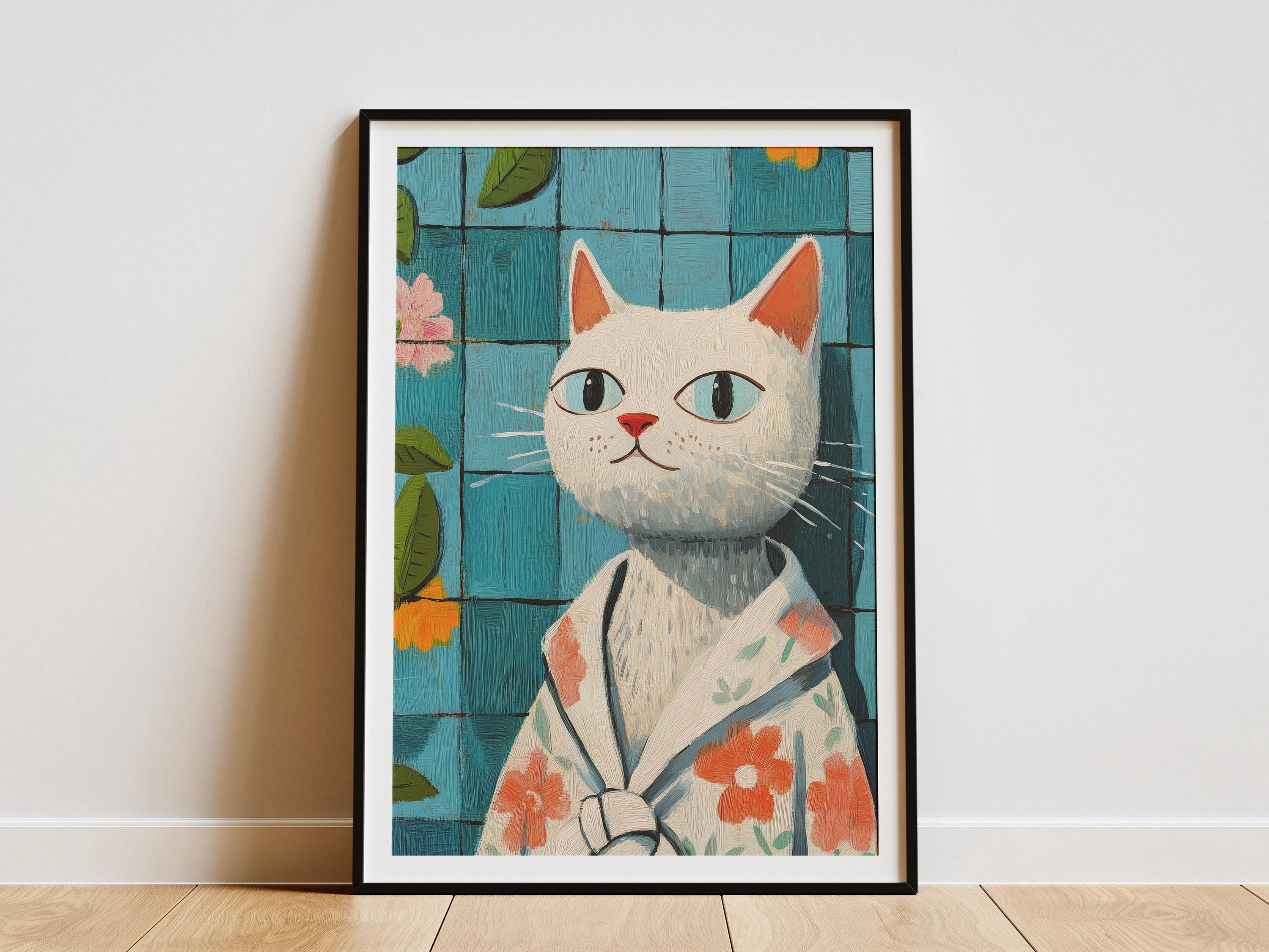 Munchkin Cat Bathrobe Art Print Matisse Style Poster Pet Portrait Cute ...