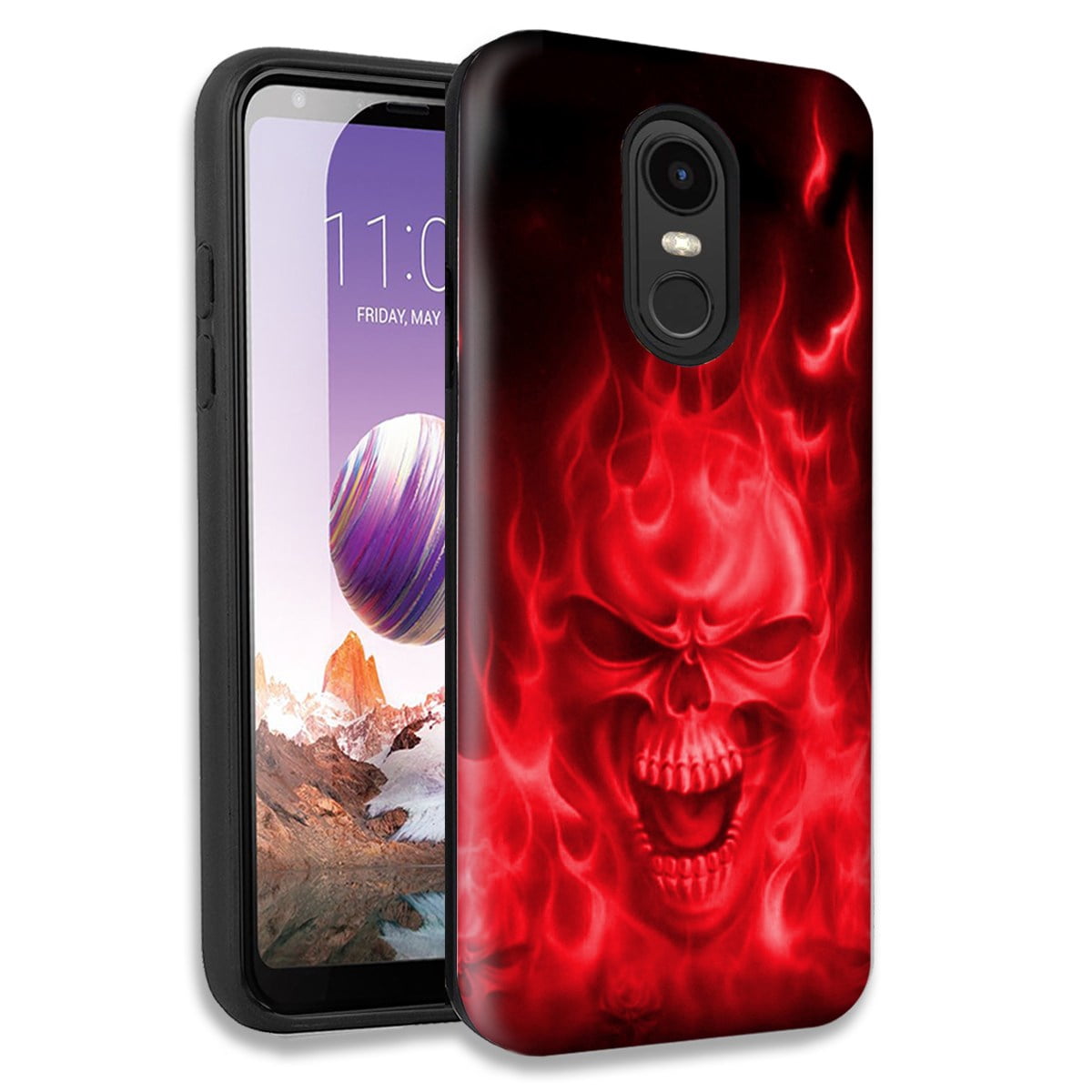 Mundaze Red Flaming Skull Double Layer Hybrid Case Cover For LG Fortune ...
