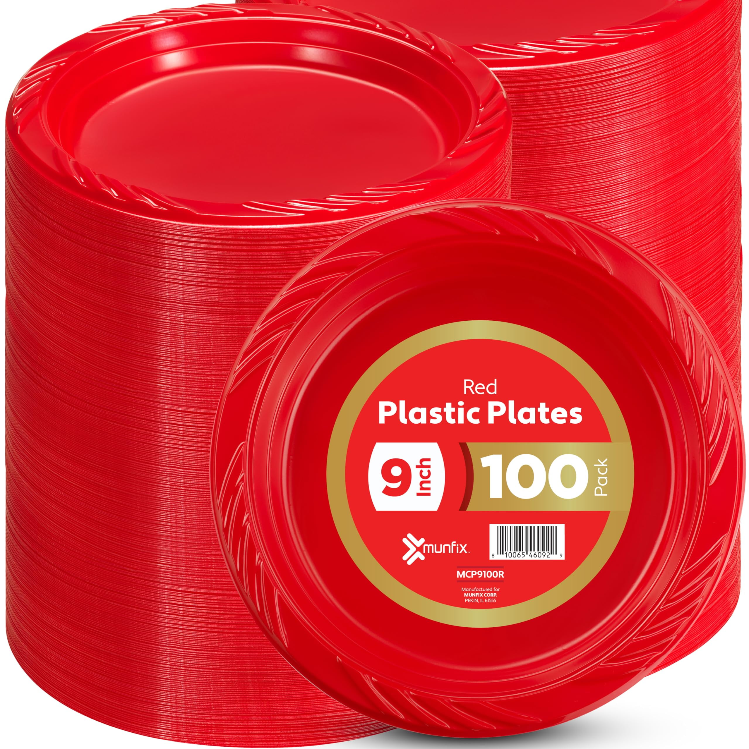 Munfix 100 Red Plastic Plates Set - 9 Inch Plastic Dinner Plates ...