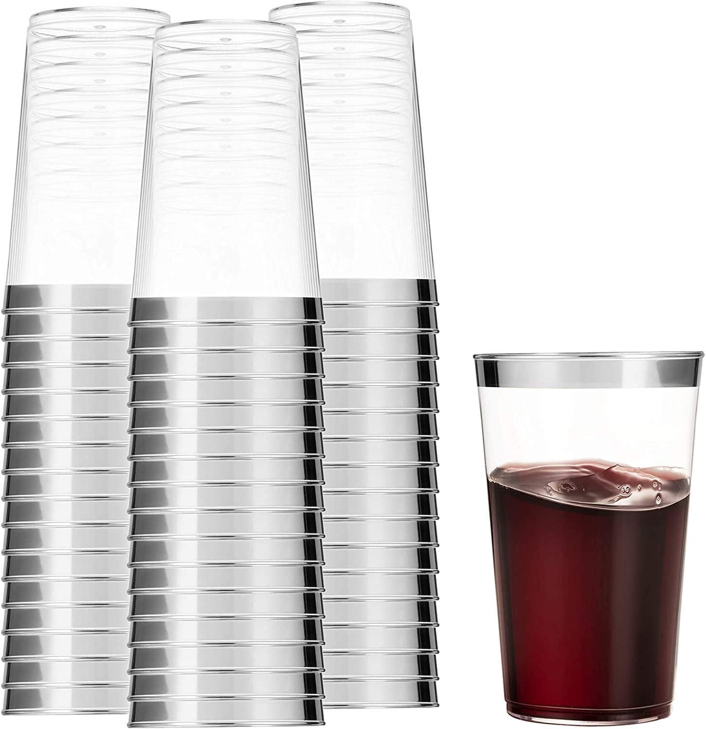Munfix 100 Silver Plastic Tumblers - 14 Oz Clear, Elegant Party Cups with Silver Rim, Perfect ...