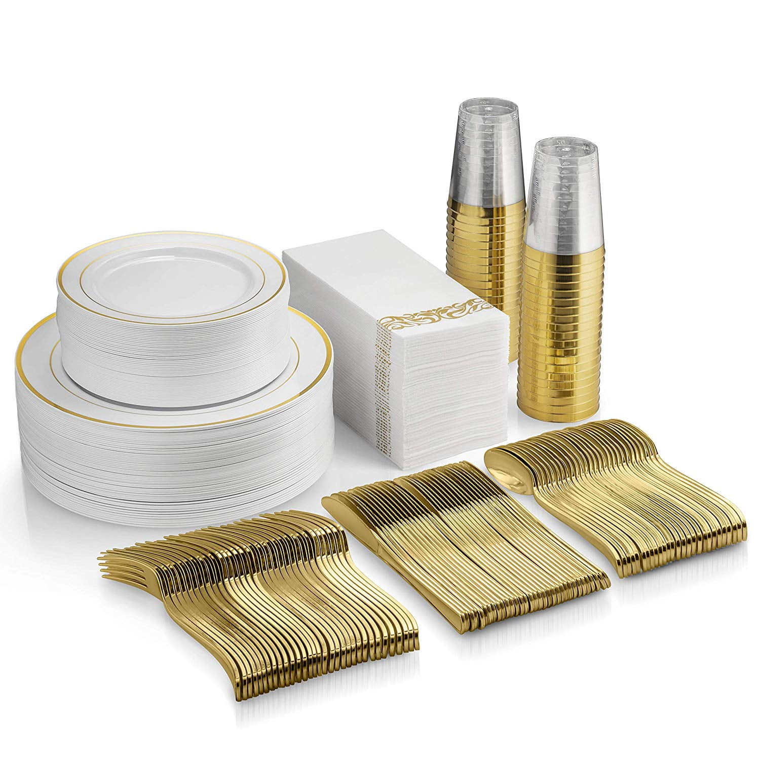 350pc Gold Dinnerware Set - Plastic Plates, Cups, Cutlery - Disposable ...