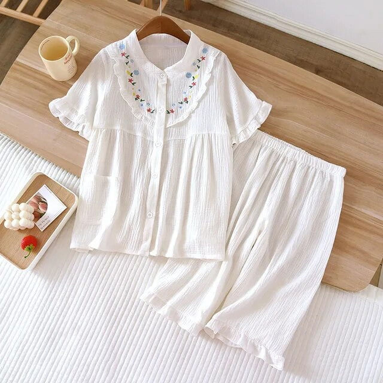 Municipal 100% Cotton Gauze Summer Women Pajamas Flower Embroidery ...