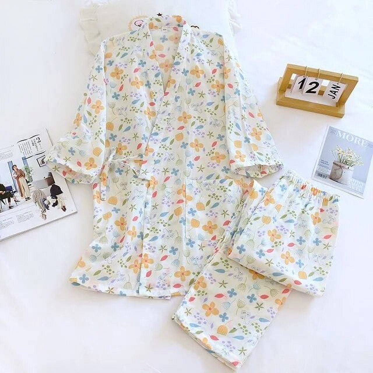 Municipal 100% Cotton Yarn Summer Women Pajama 2Pcs kimono pajamas ...