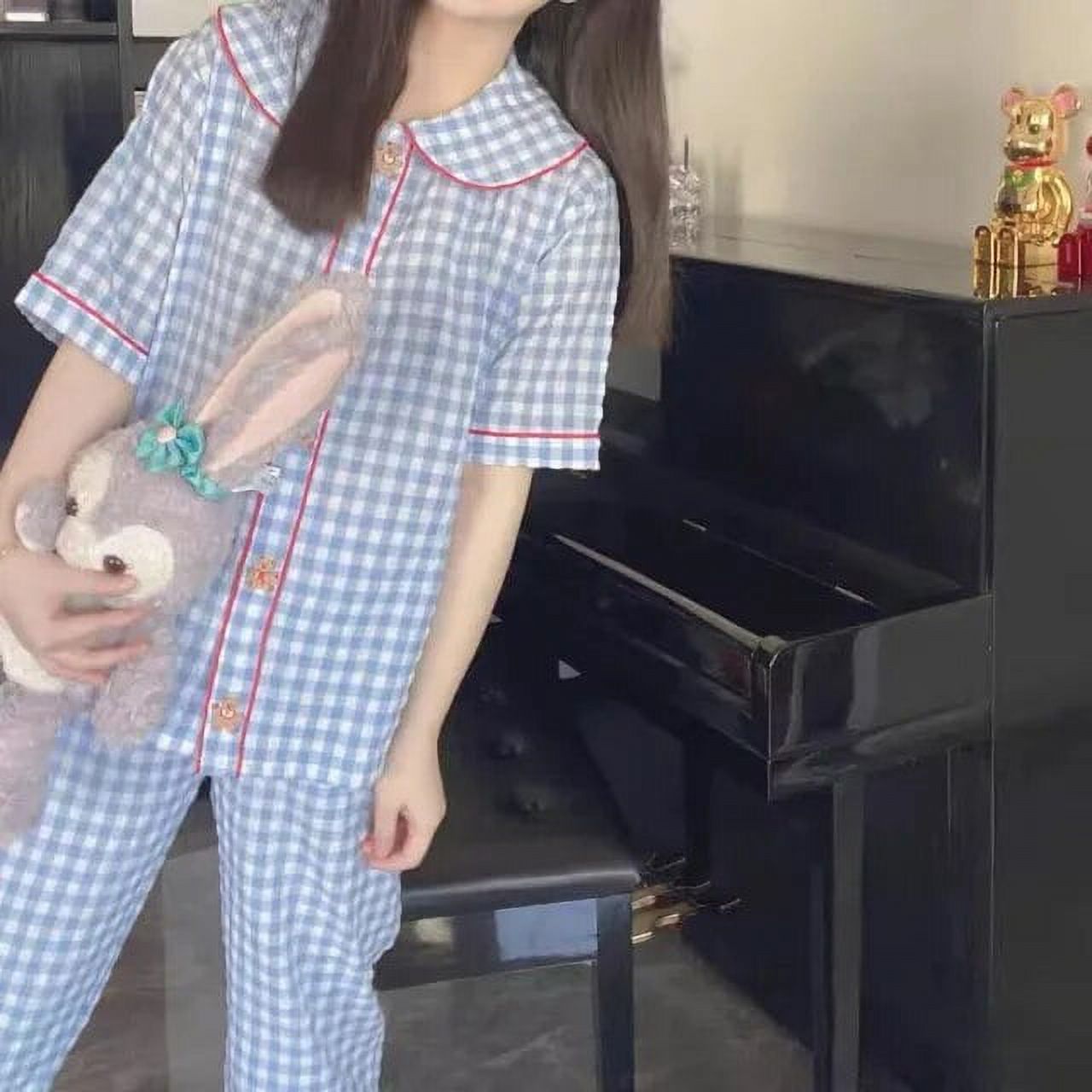 Municipal 100%Cotton style Plaid Bear Embroid Pajamas Women Sleepwear ...