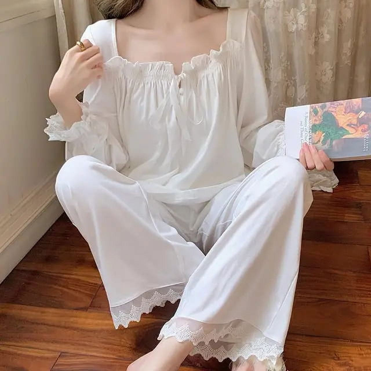 Municipal Autumn French pajamas set cotton White Nightwear Women long ...
