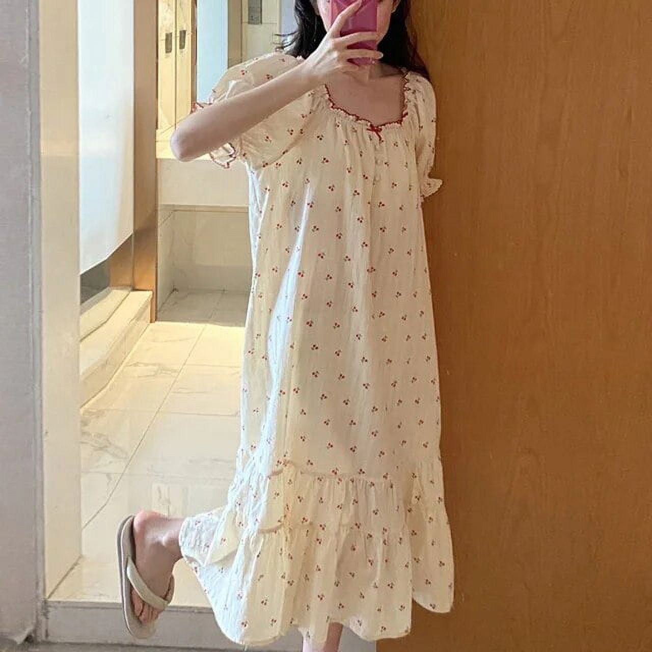 Municipal Cherry Print Nightgown Lace Sleepwear Womens Style Night ...