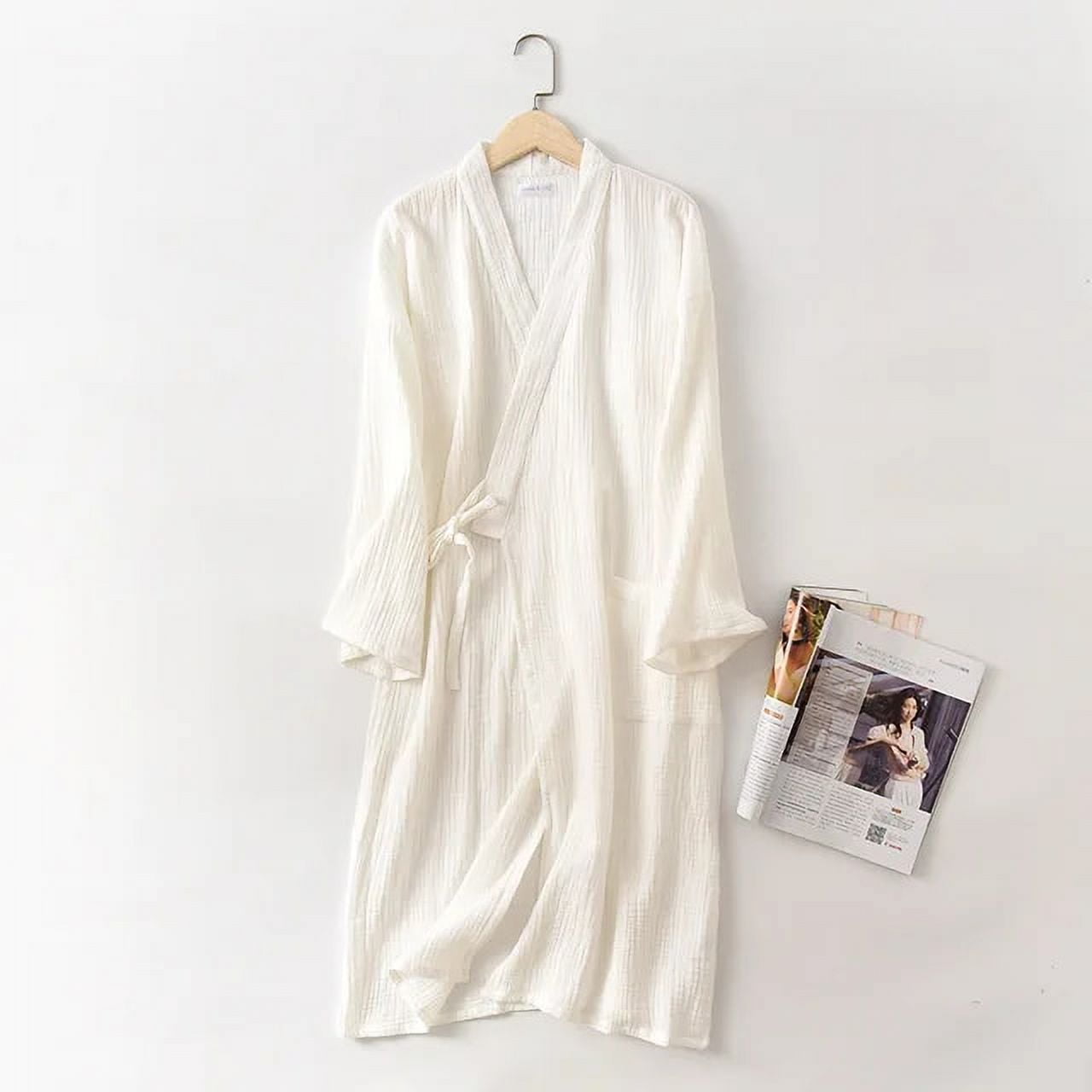 Municipal Couples Crepe Gauze Bathrobe Solid 100% Cotton Robe Long-sleeved V-neck Kimono Wedding ...