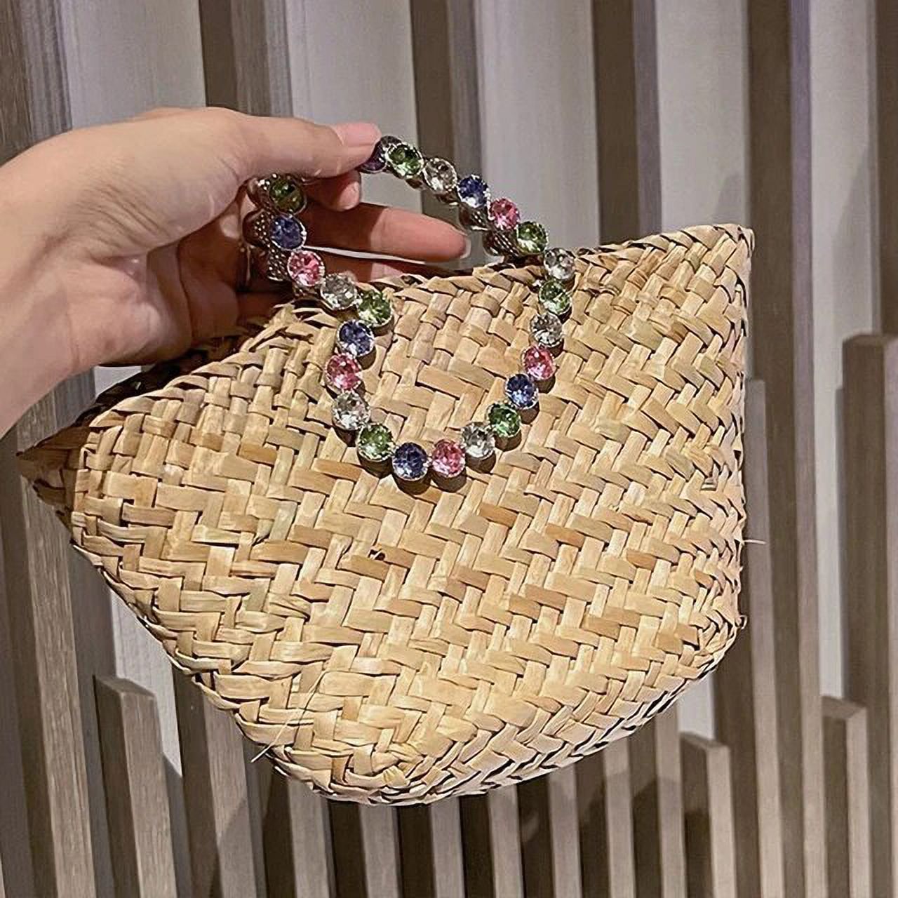 Municipal Fashion Lover Hearts Diamonds Handle Rattan Basket Bag Wicker ...