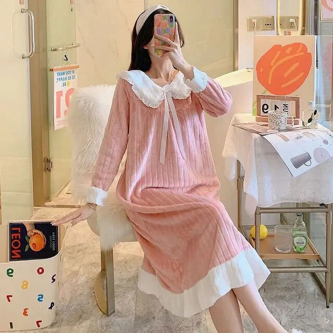 Municipal Fleece Nightgown Sleepwear Womens Style Ruffles Night Dress ...