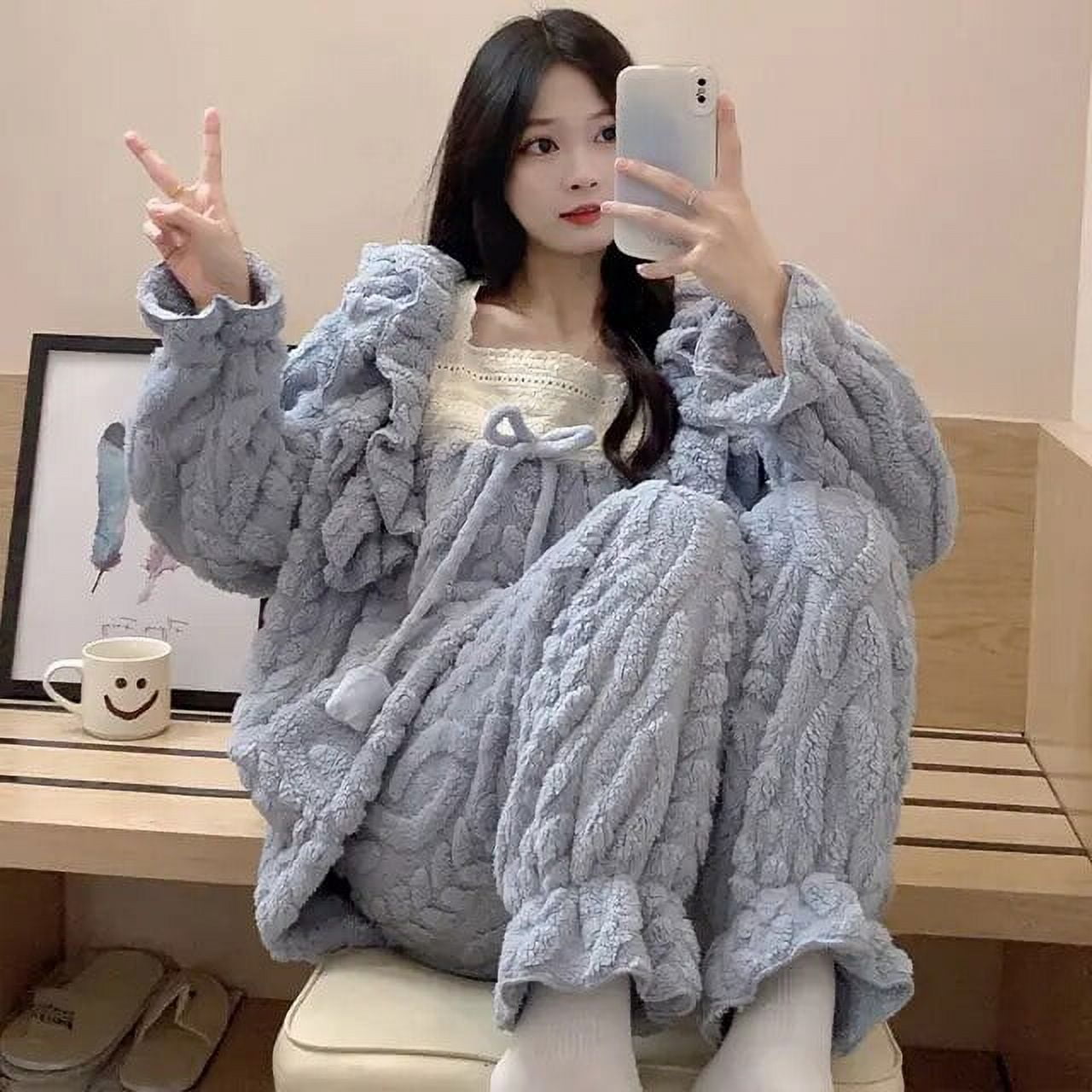 Municipal Fleece Women Pajamas Set for Women 2 Pieces Lace Ruffles ...