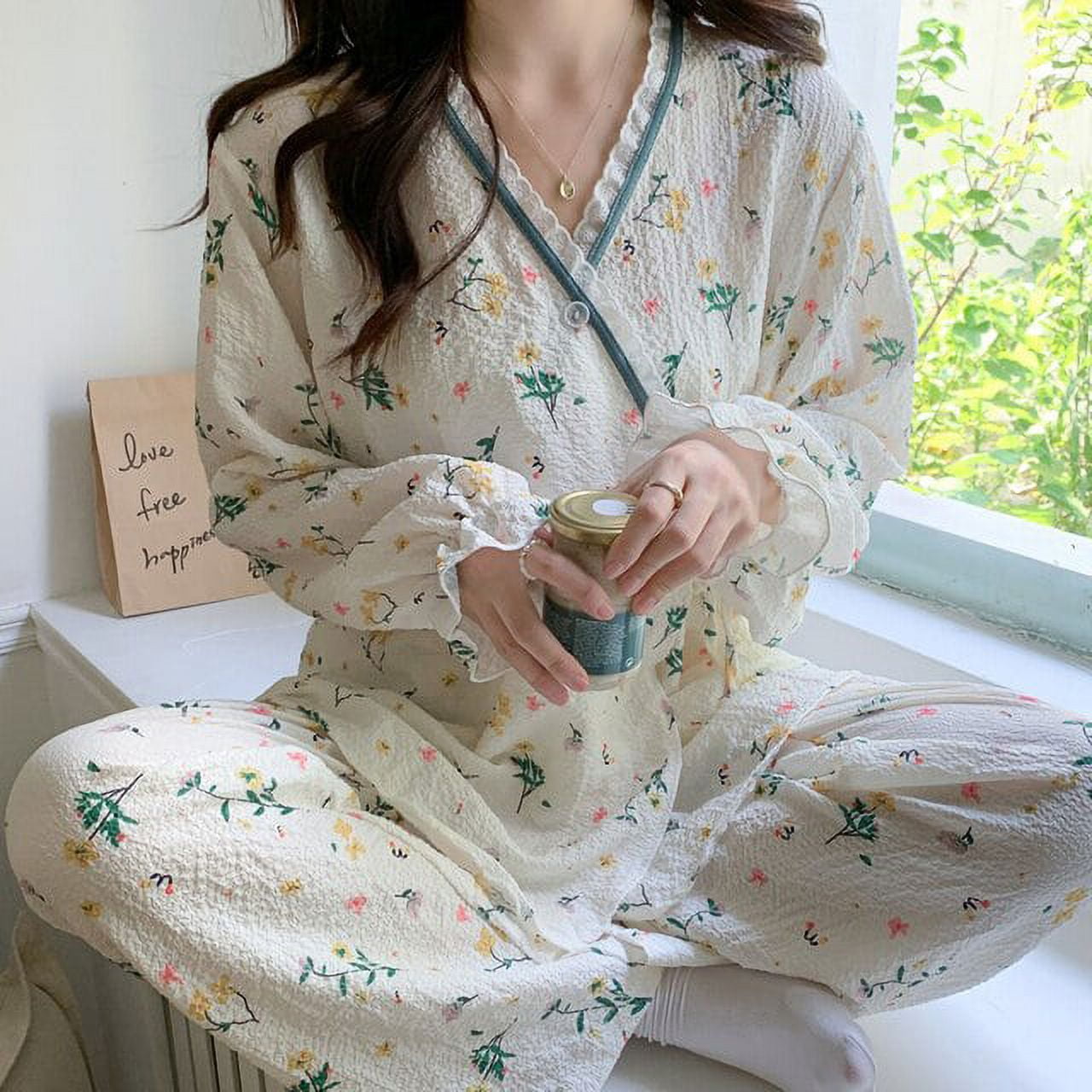 Municipal Floral Printed Ladies Kimono Style Pajamas Set Loose Thin V ...