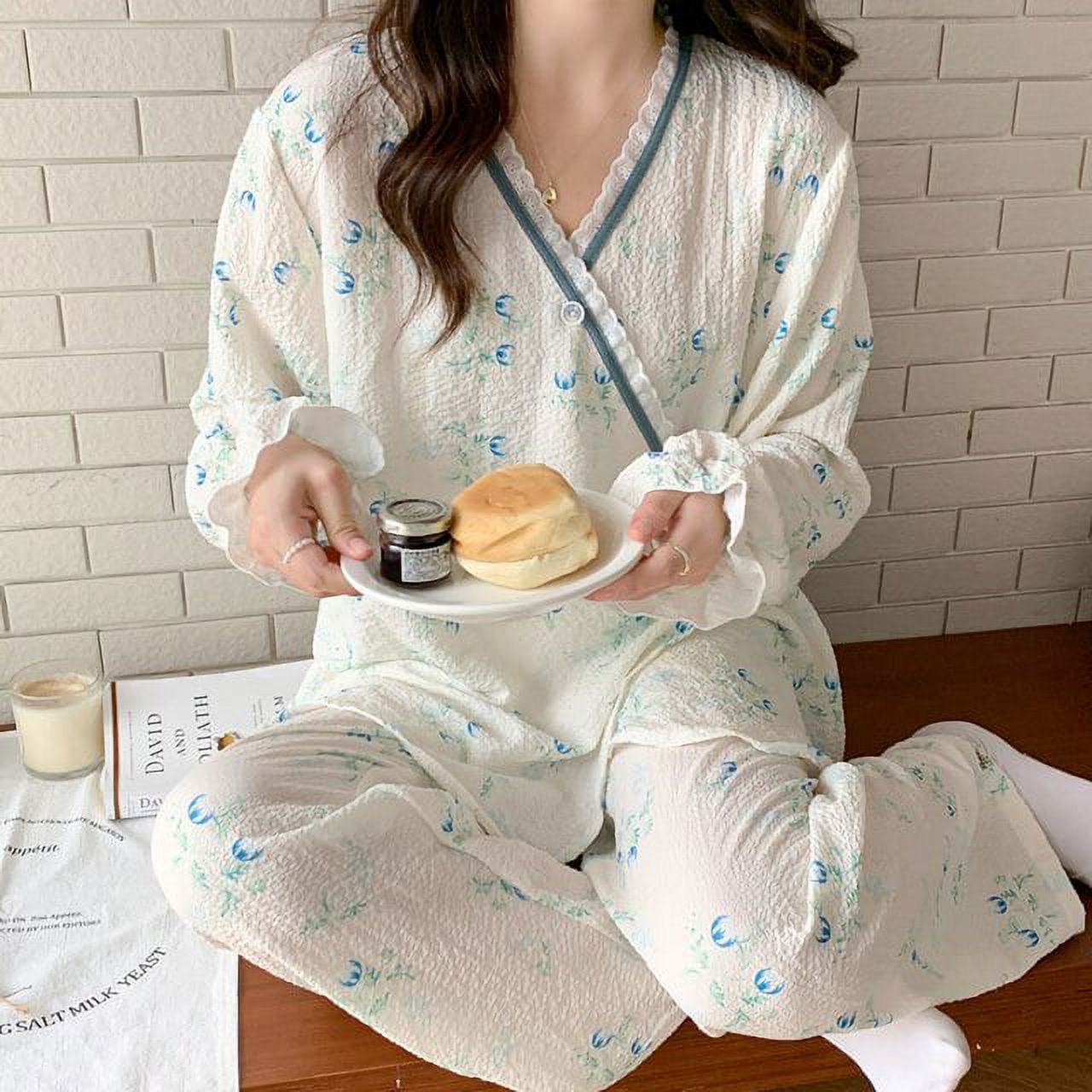 Municipal Floral Printed Ladies Kimono Style Pajamas Set Loose Thin V ...