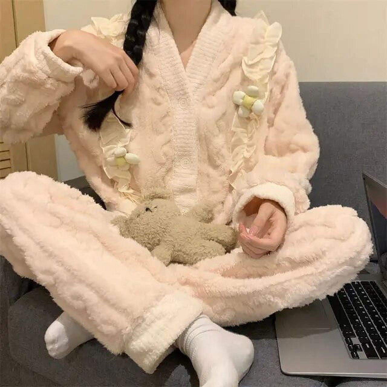 Municipal Floral Sleepwear Women Pajamas Set Winter Piiama Pants Warm 2 ...