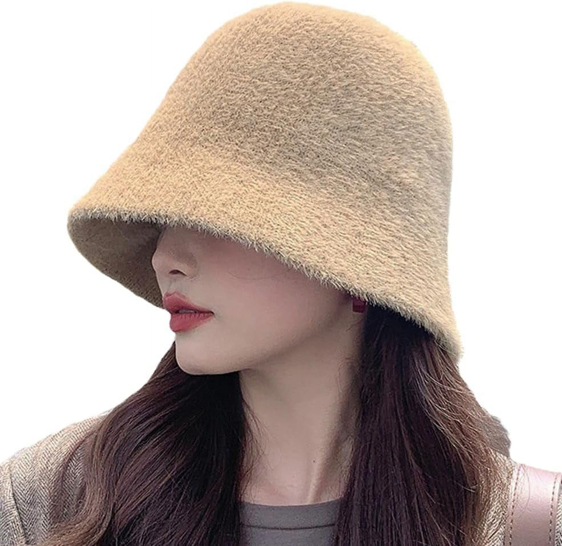Municipal Fluffy Fisherman Hat for Women Knit Plush Bucket Hat Wide ...