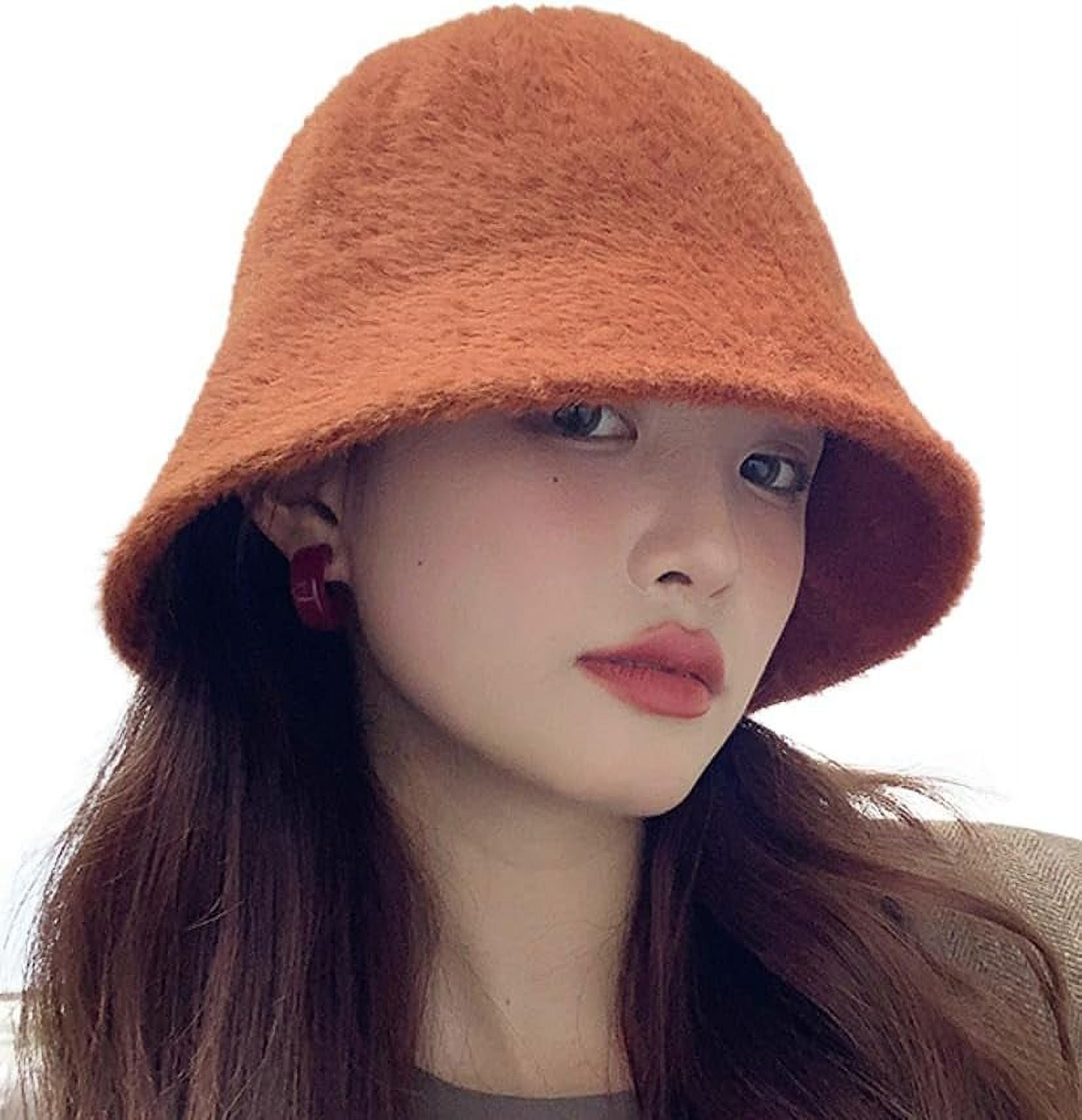 Municipal Fluffy Fisherman Hat for Women Knit Plush Bucket Hat Wide ...
