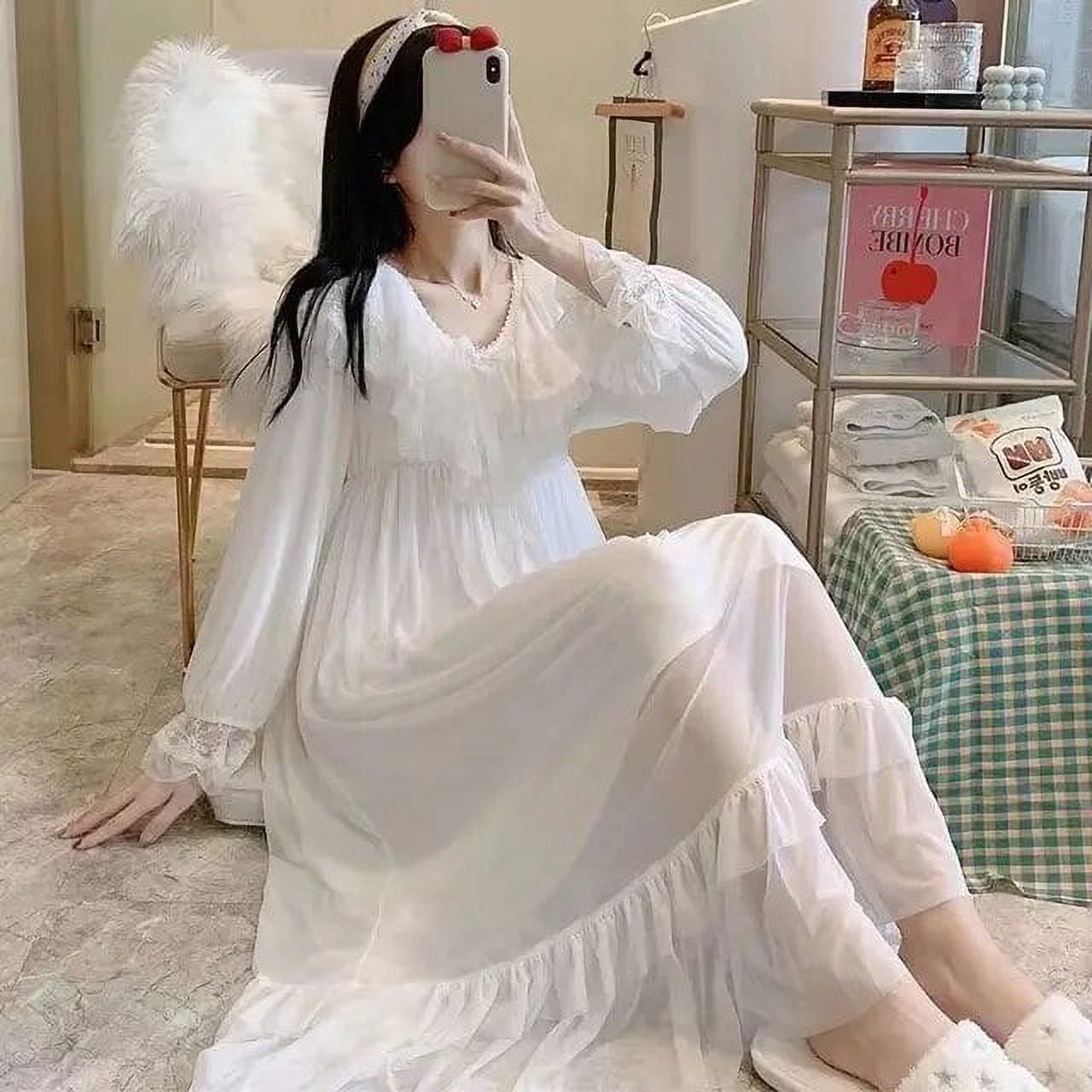 Municipal Lace Women Nightgown Ruffles Sleepwear Woman Long Sleeves ...