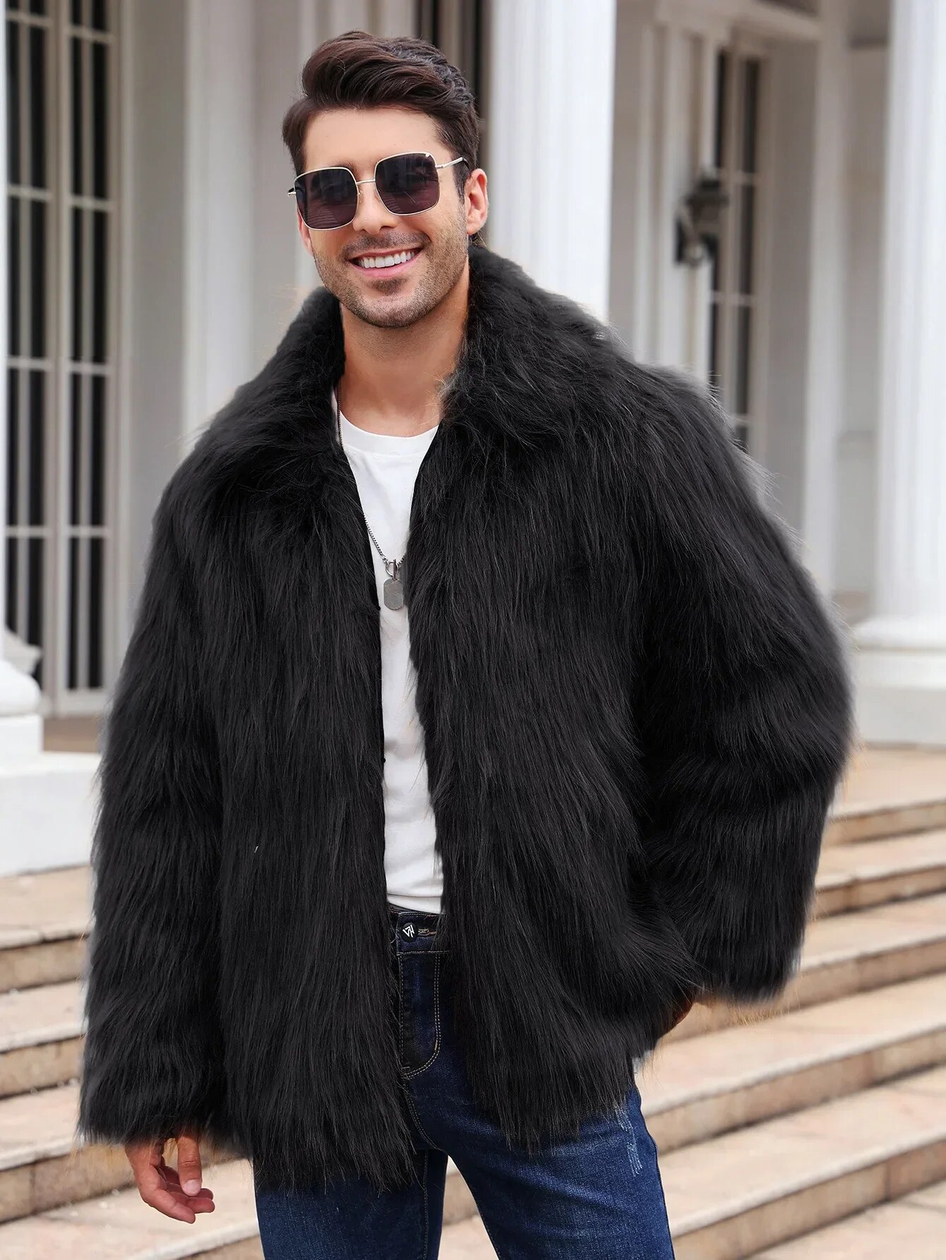 Municipal Men Faux Fox Fur Jacket Coat Winter Thick Fluffy Long Sleeve ...