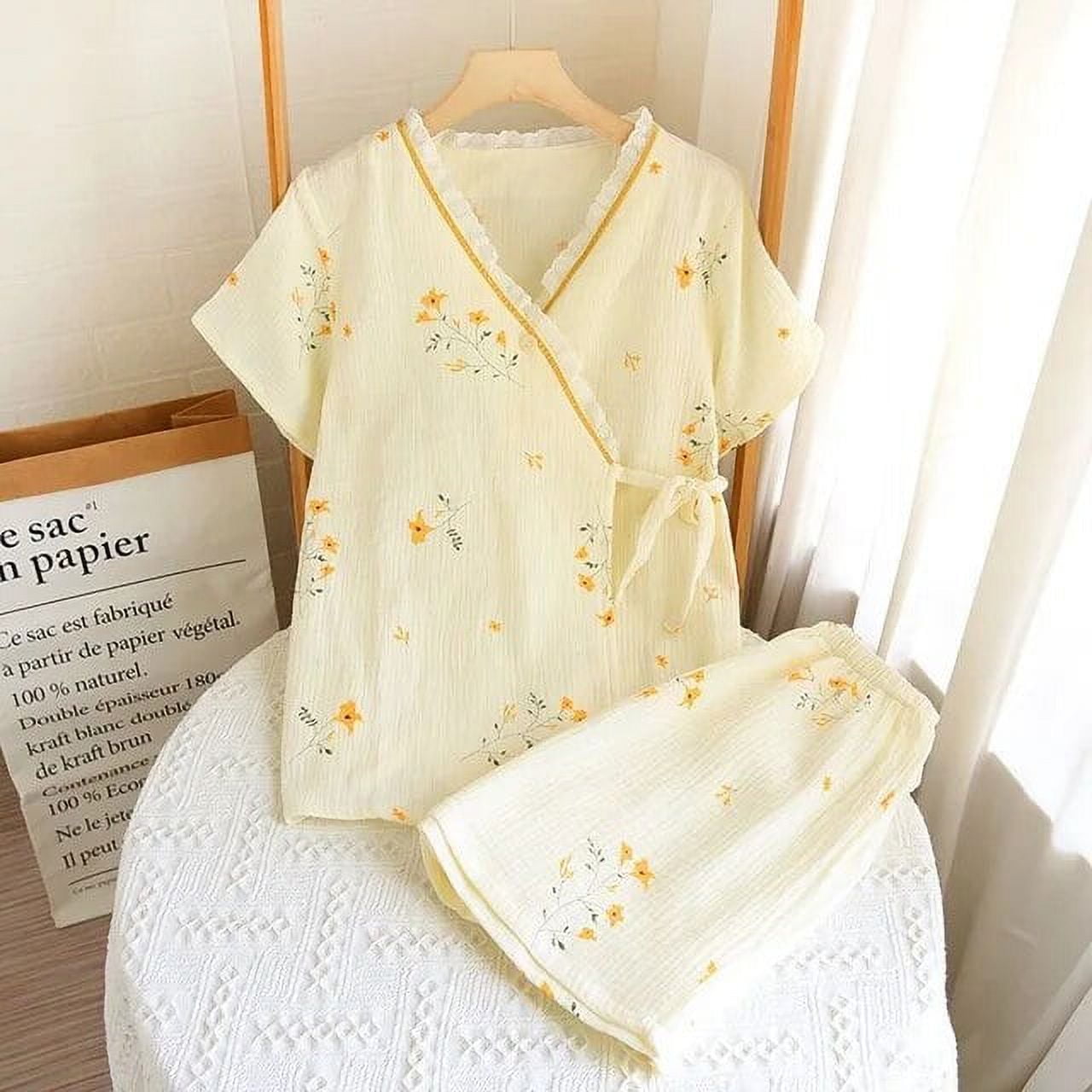 Municipal New Summer Women Pajamas 100% cotton gauze kimono pajamas set Floral Print Pajamas ...