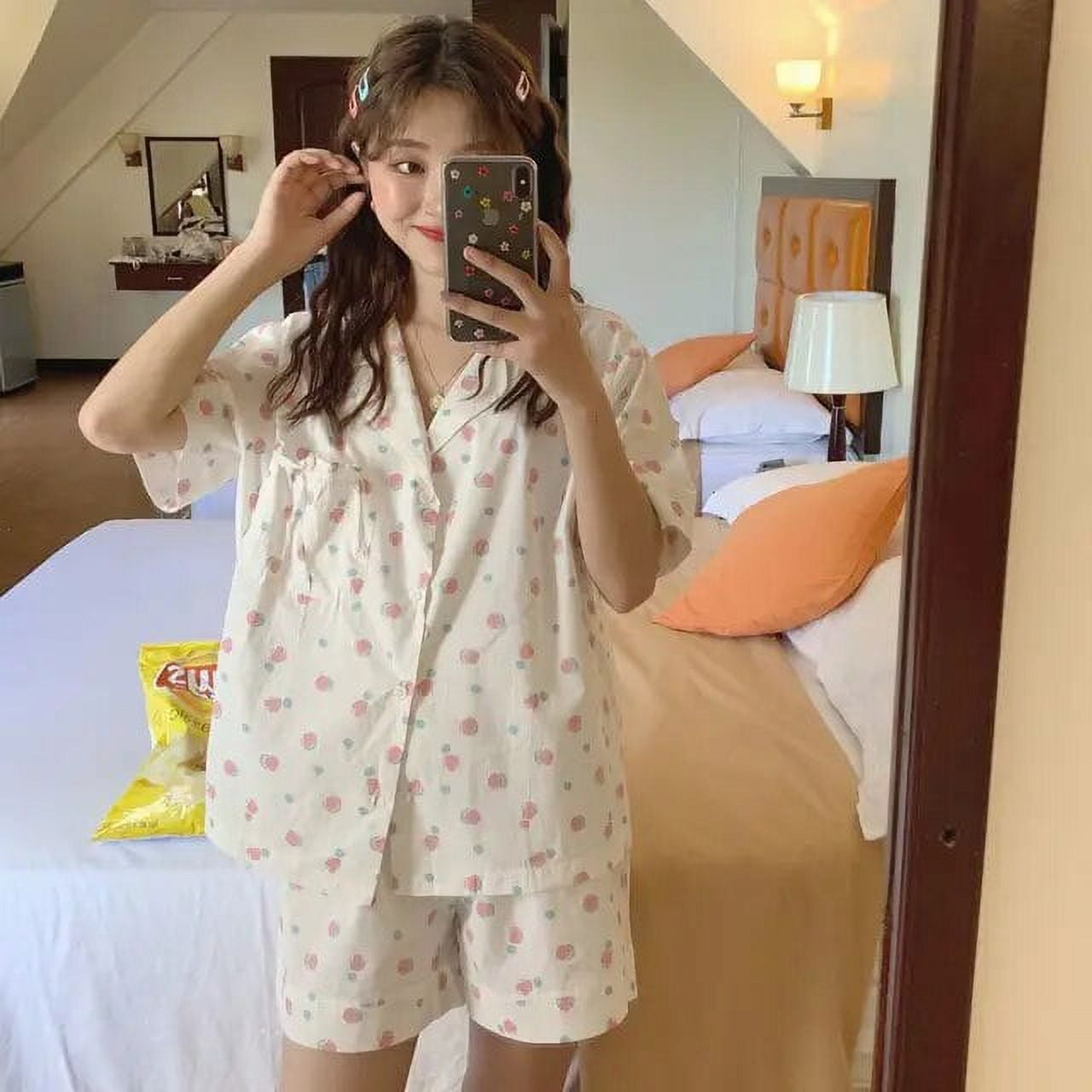 Municipal Peach Print Sleepwear Women Pajamas Shorts Set Short Sleeve ...