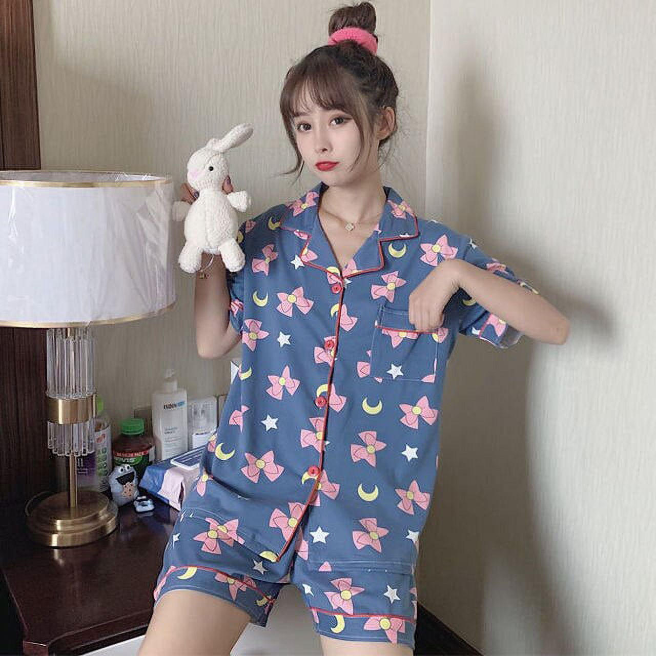 Municipal Print Women Pajamas Sets Summer Short Sleeve Cartoon Sleepwear Pink Pijama Mujer ...