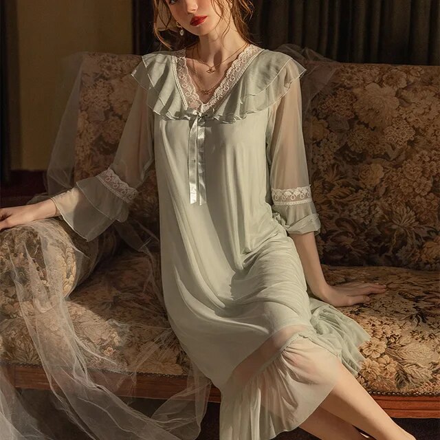 Municipal Sexy Spring Mesh Night Dress Women Vintage Loose V Neck ...
