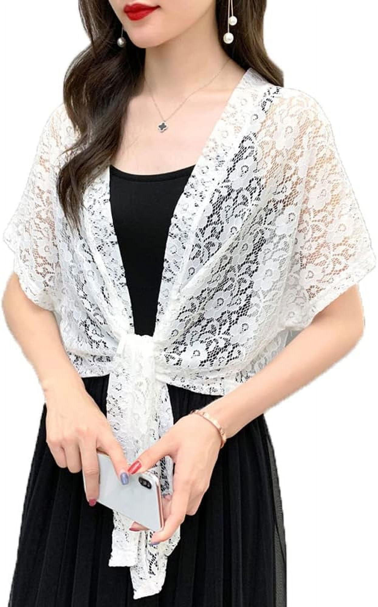HLSOHJP Sheer Shrug Tie Front Short Sleeve Lace Cropped Bolero Cardigan ...