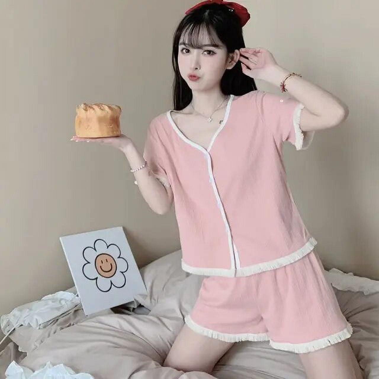 Municipal Sleepwear Women Pajama Sets Solid 2 Piece Summer Short Sleeve ...