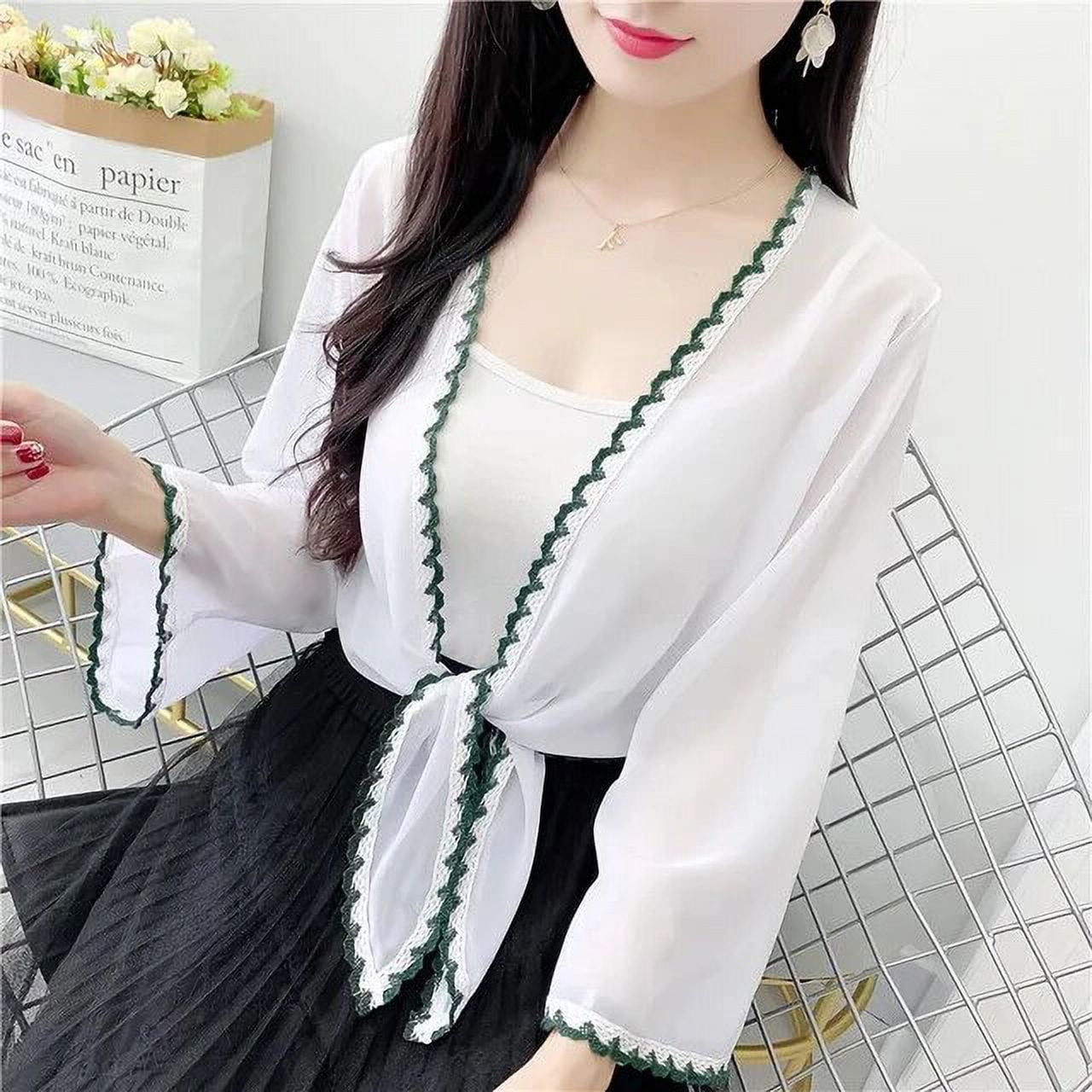 Municipal Solid Chiffon Transparent Sunscreen Shawl Women's Sun Clothing Summer Hollow Lace ...