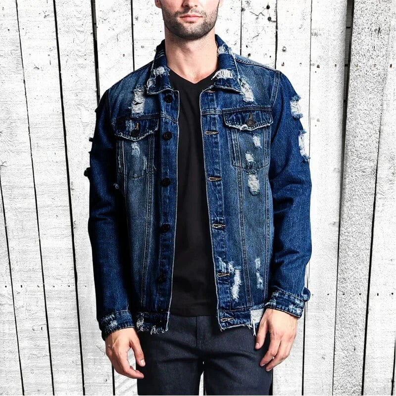 Municipal Street Fashion Ripped Denim Jacket Men's Classic Vintage ...