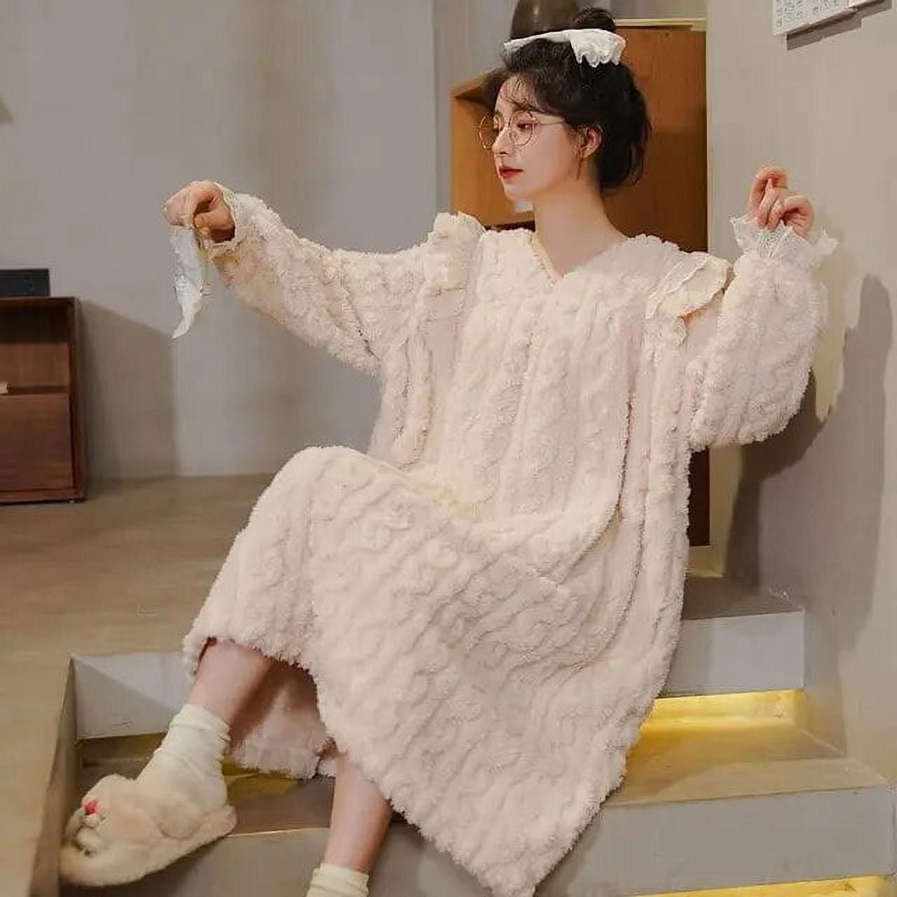 Municipal Winter Women Nightgown Solid Sleepwear Long Sleeve Nightwear ...