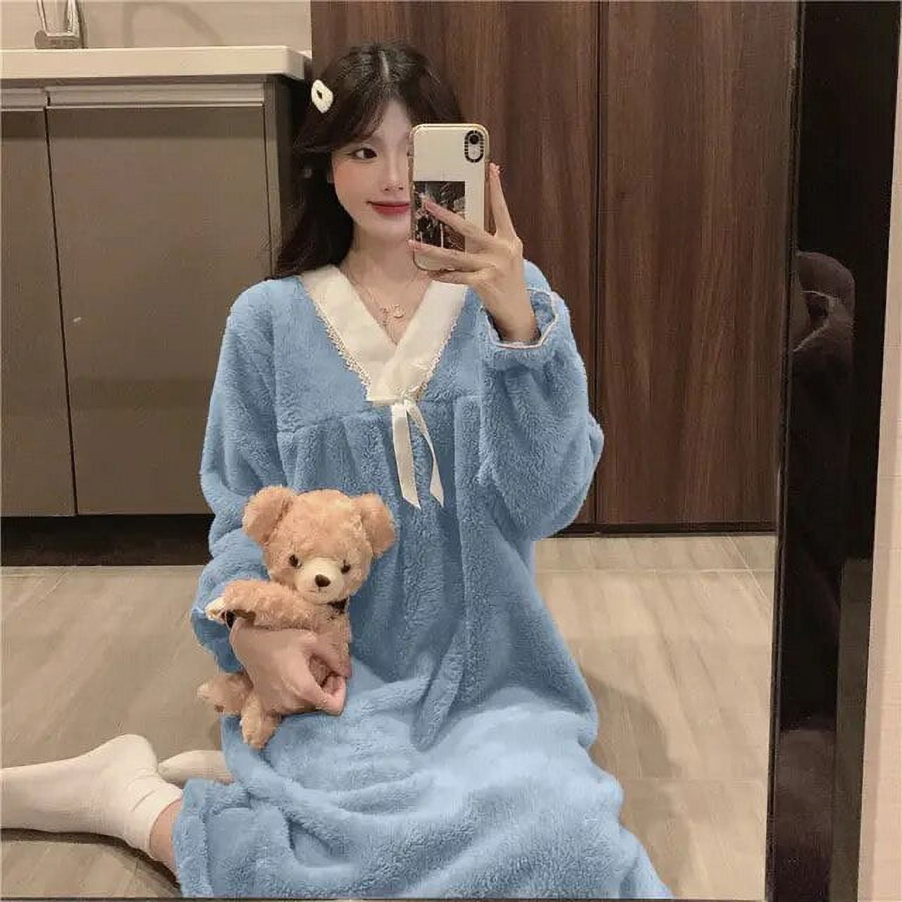 Municipal Winter Women Nightgown Solid Sleepwear Long Sleeve Nightwear ...