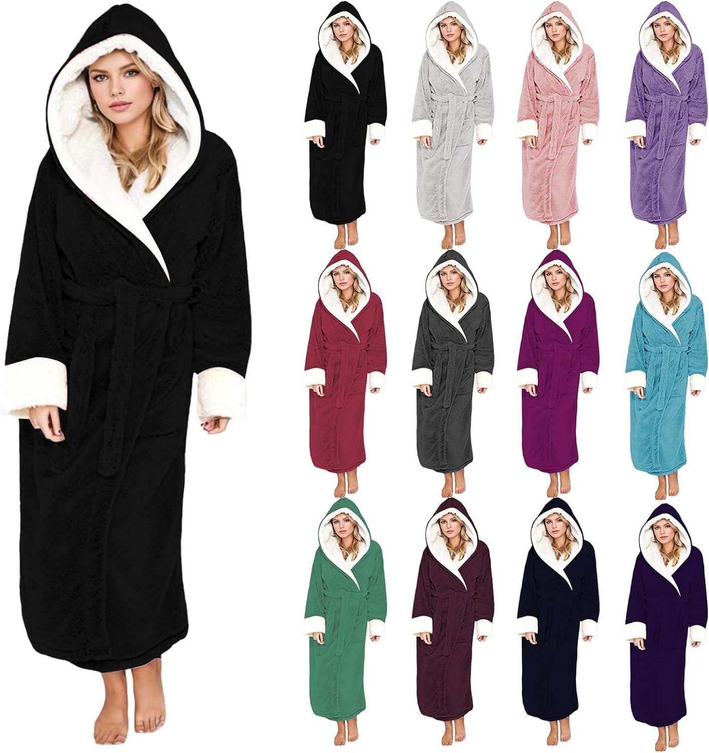 Municipal Women Fleece Shawl Collar Bathrobe Color Block Plush Long