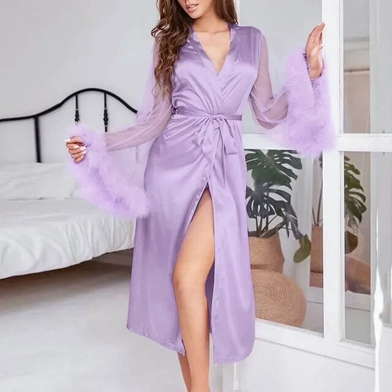 Municipal Women's Long Satin Silk Pajama Set Classic Satin Lace Mesh ...