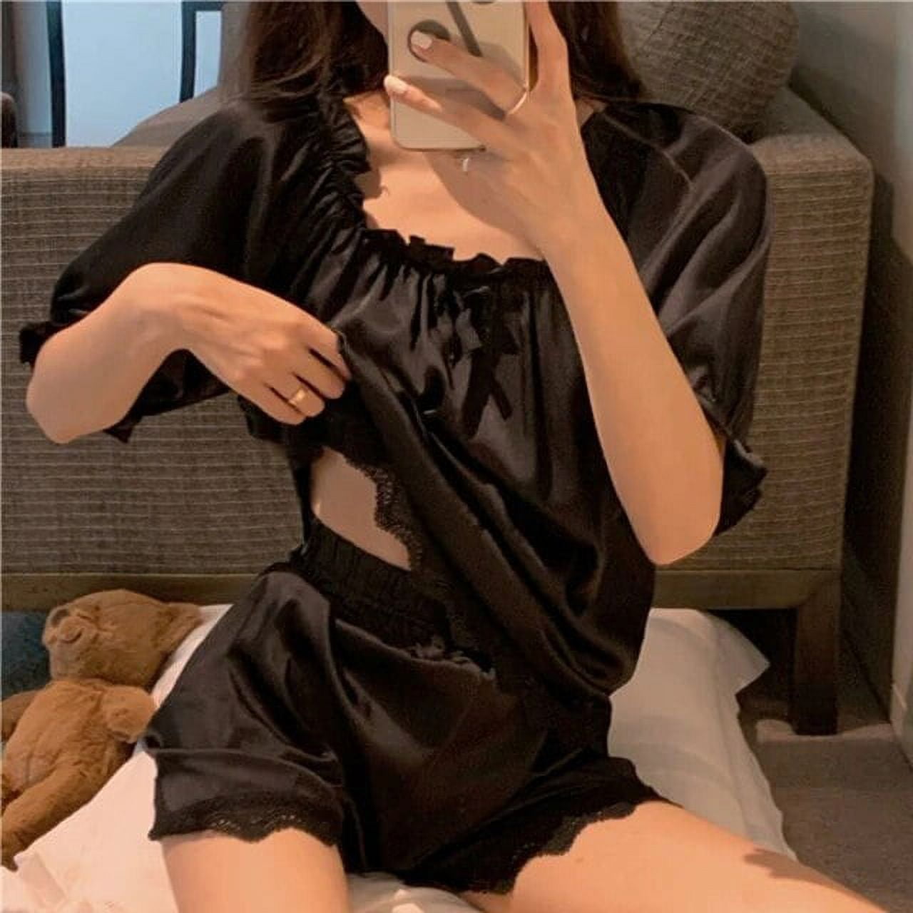 Municipal Women's Pajamas Silk Satin Kawaii Sleepwear Lace Pijama Pure Colour Princess Pyjamas ...