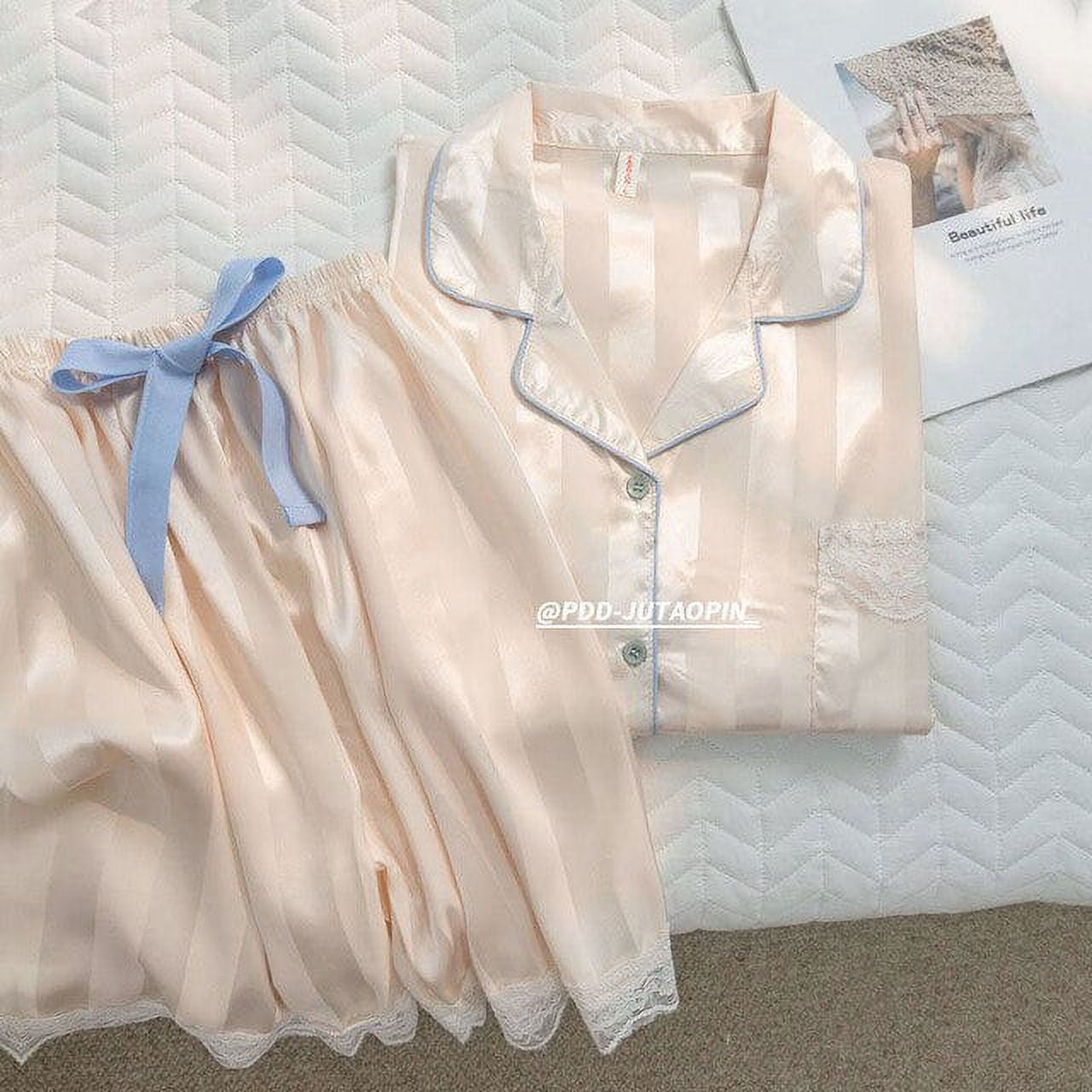 Municipal Women's Silk Pajamas Two-piece summer Pajamas Strip-Type ...