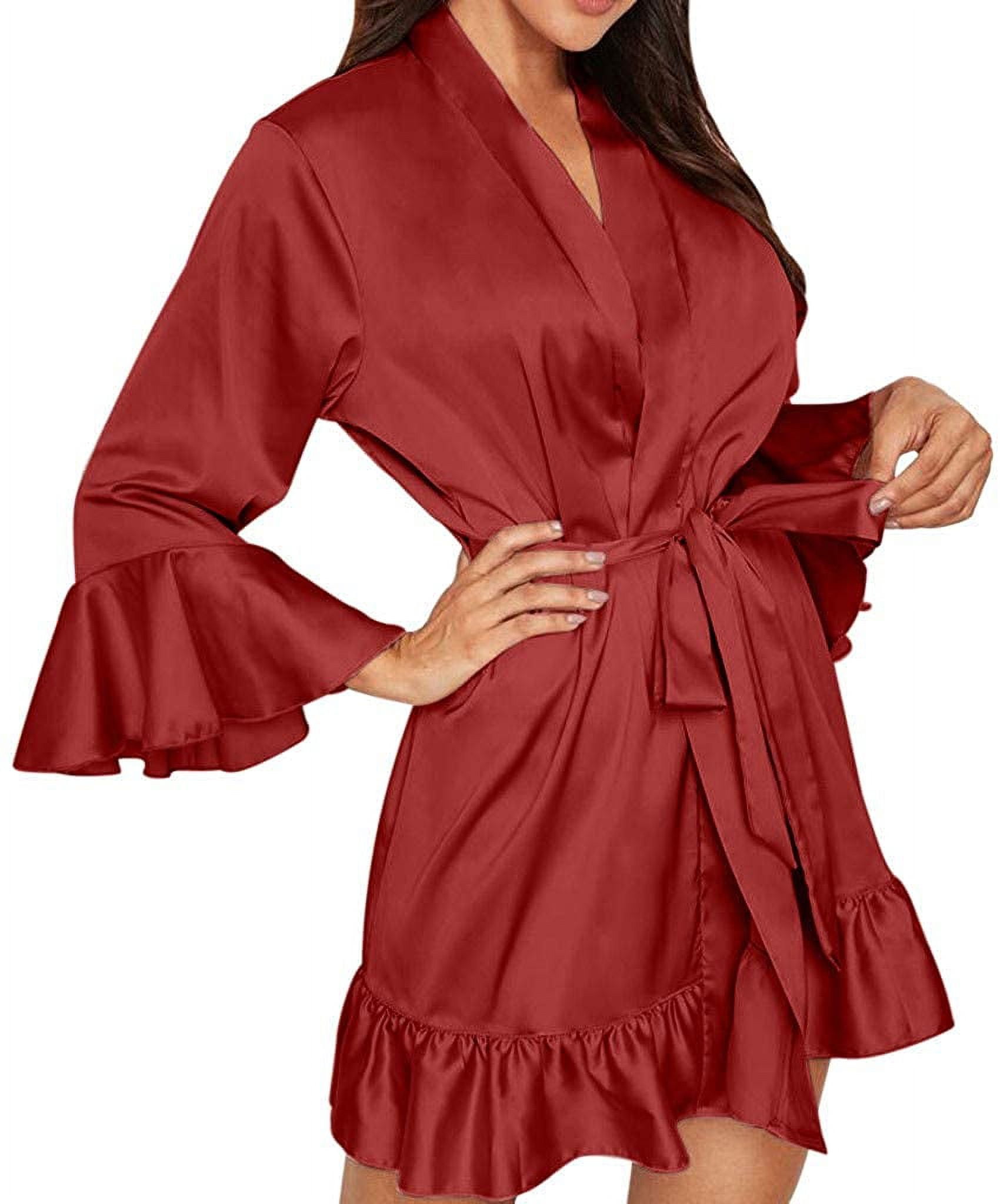 Municipal Women's Wrap V-Neck Pure Color Ruffles Short Satin Kimono ...