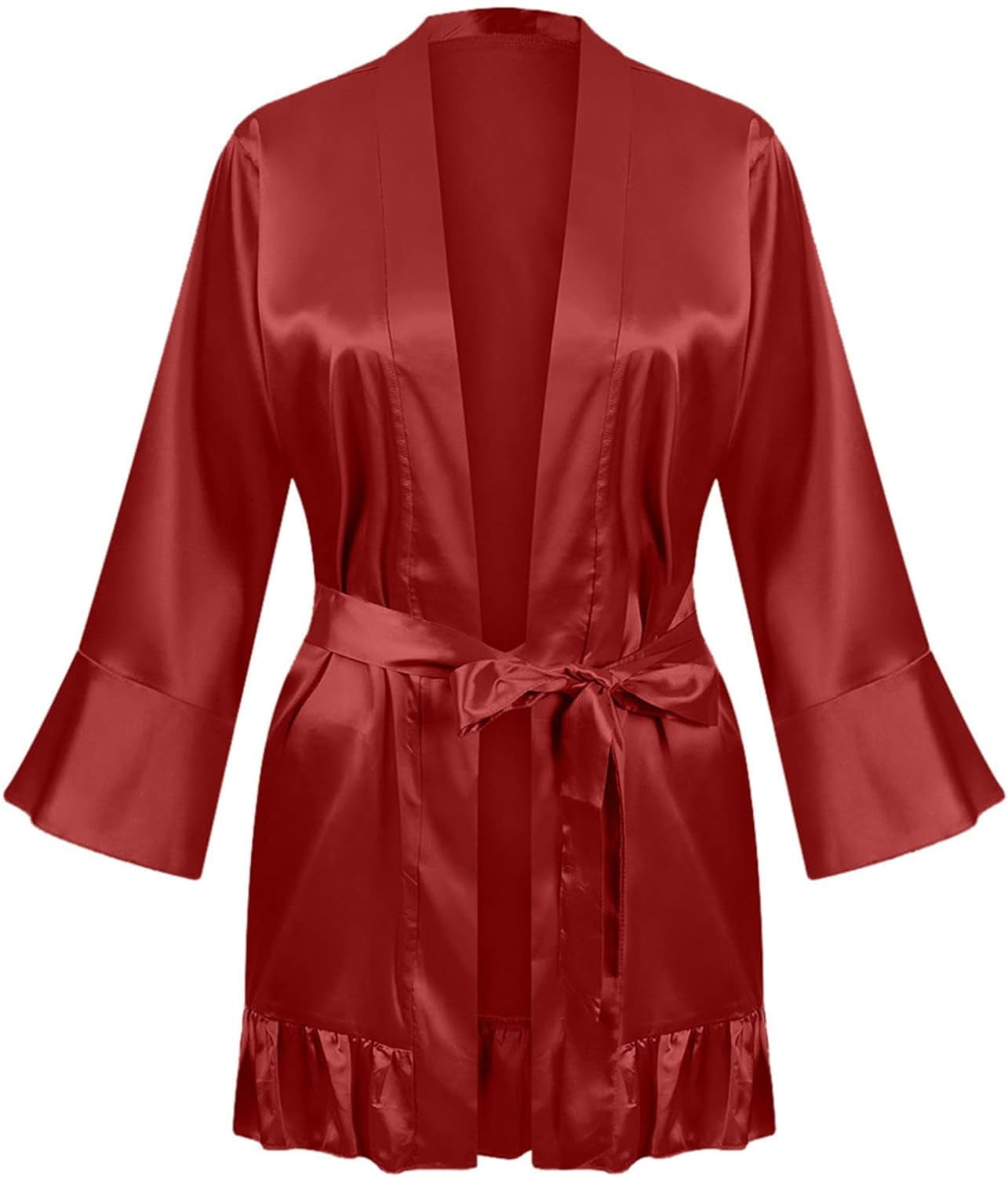 Municipal Women's Wrap V-Neck Pure Color Ruffles Short Satin Kimono ...