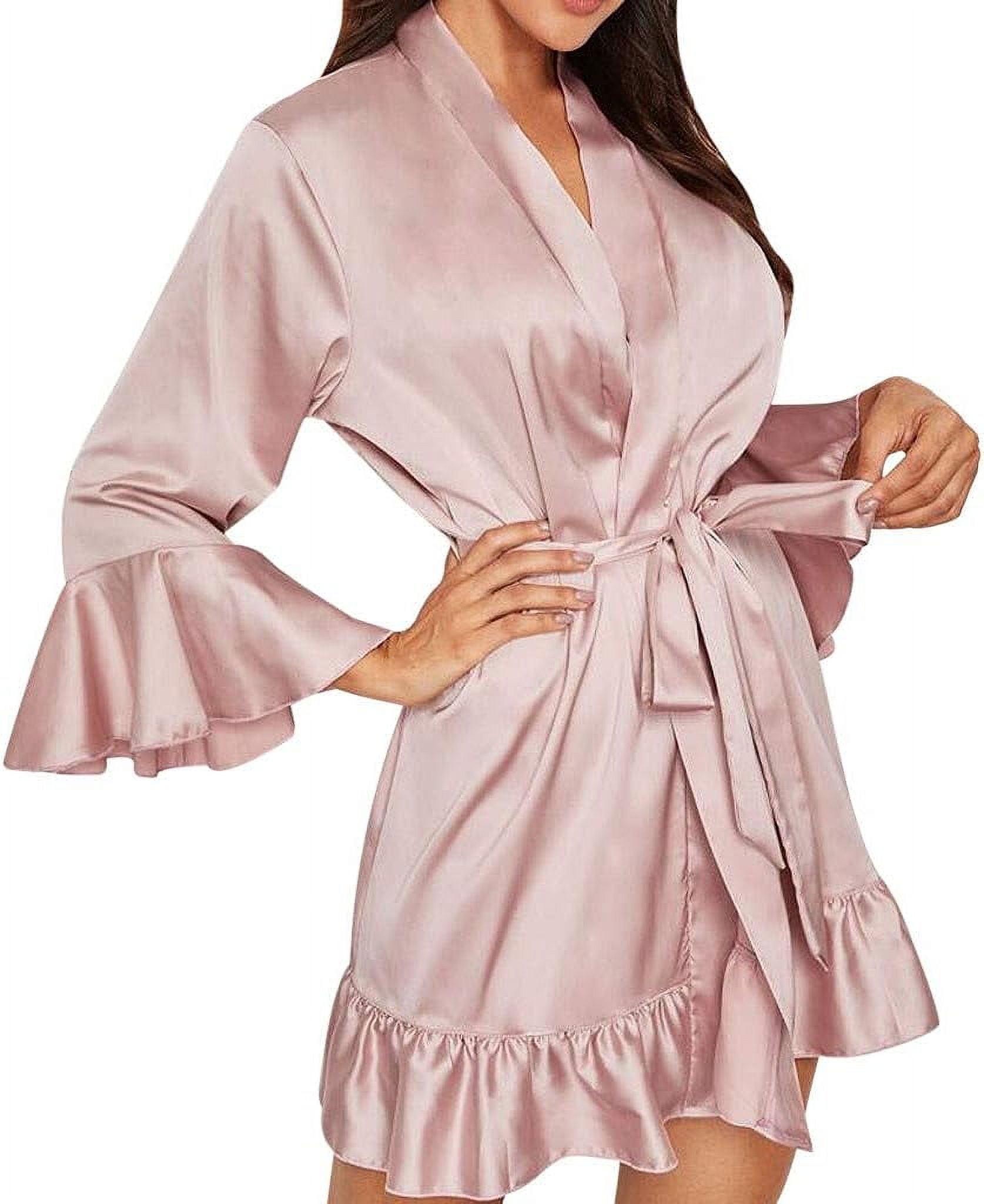 Municipal Women's Wrap V-Neck Pure Color Ruffles Short Satin Kimono ...