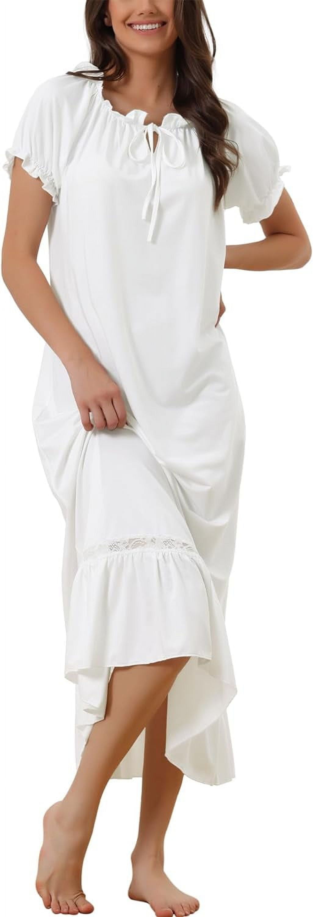 Municipal Womens Victorian Nightgown Ruffle Short Sleeve Tie Neck ...