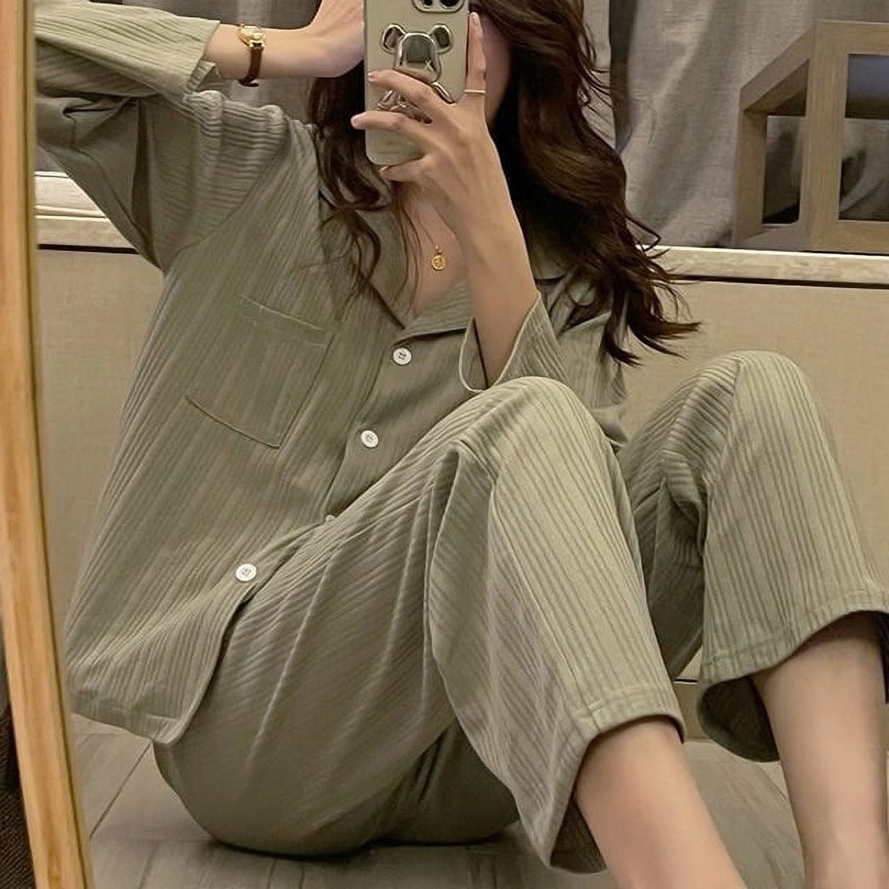 Municipal style Plaid Pajamas Women Sleepwear Autumn Lapel Pijamas Cute ...