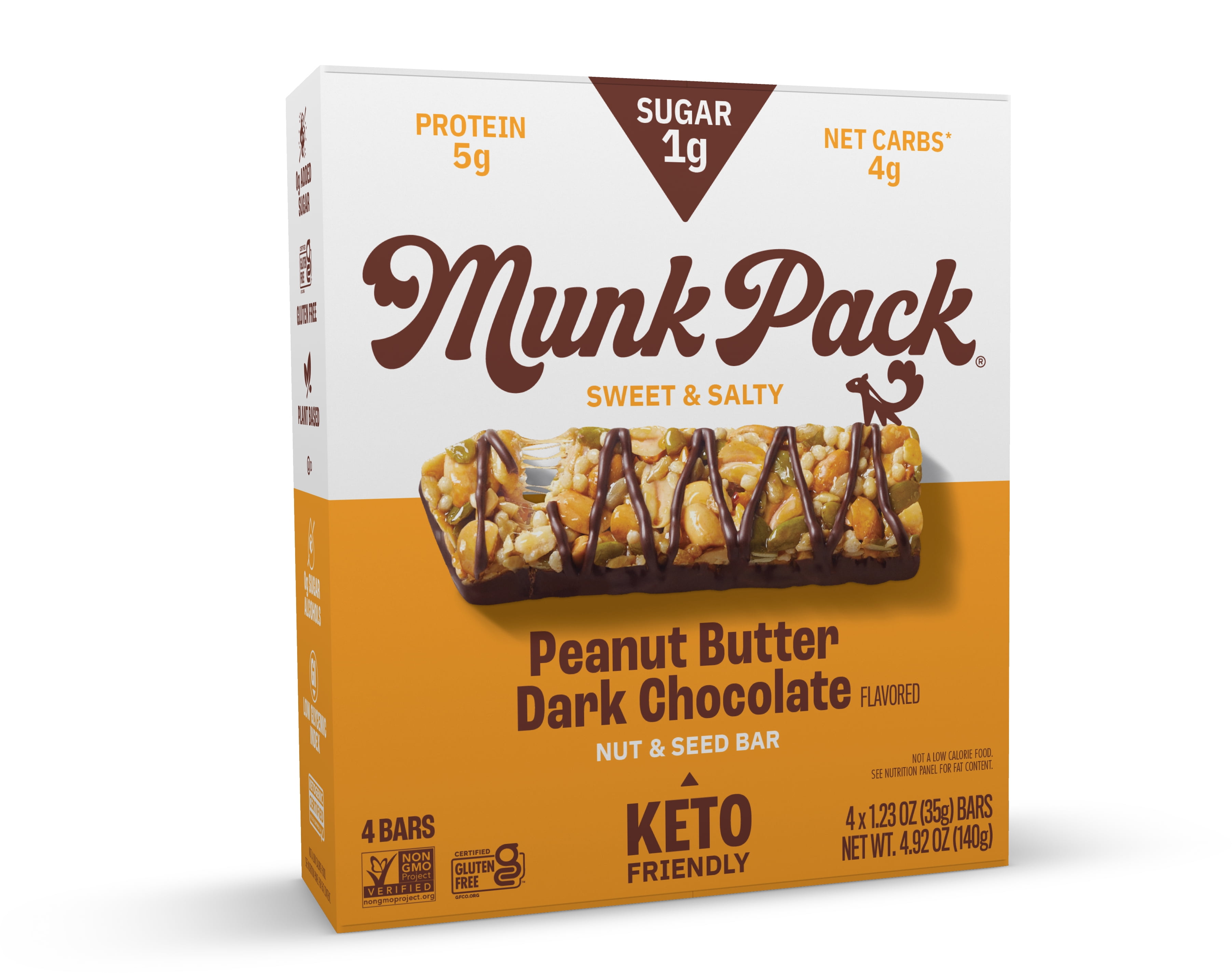 Munk Pack 1g Sugar Nut and Seed Bars, Peanut Butter Dark Chocolate, 4 ...