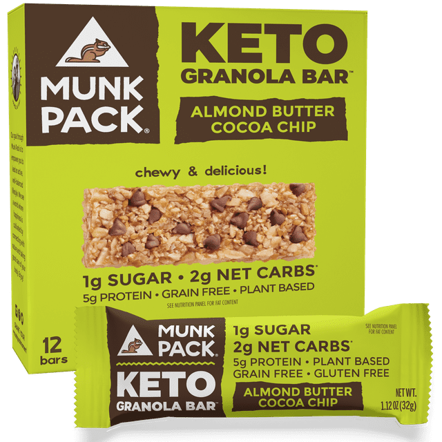 Munk Pack Almond Butter Cocoa Chip Keto Granola Bars, 12 Count ...