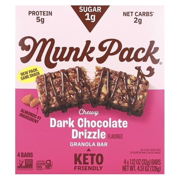 Munk Pack, Chewy Granola Bar, Dark Chocolate Drizzle, 4 Bars, 1.12 oz ...